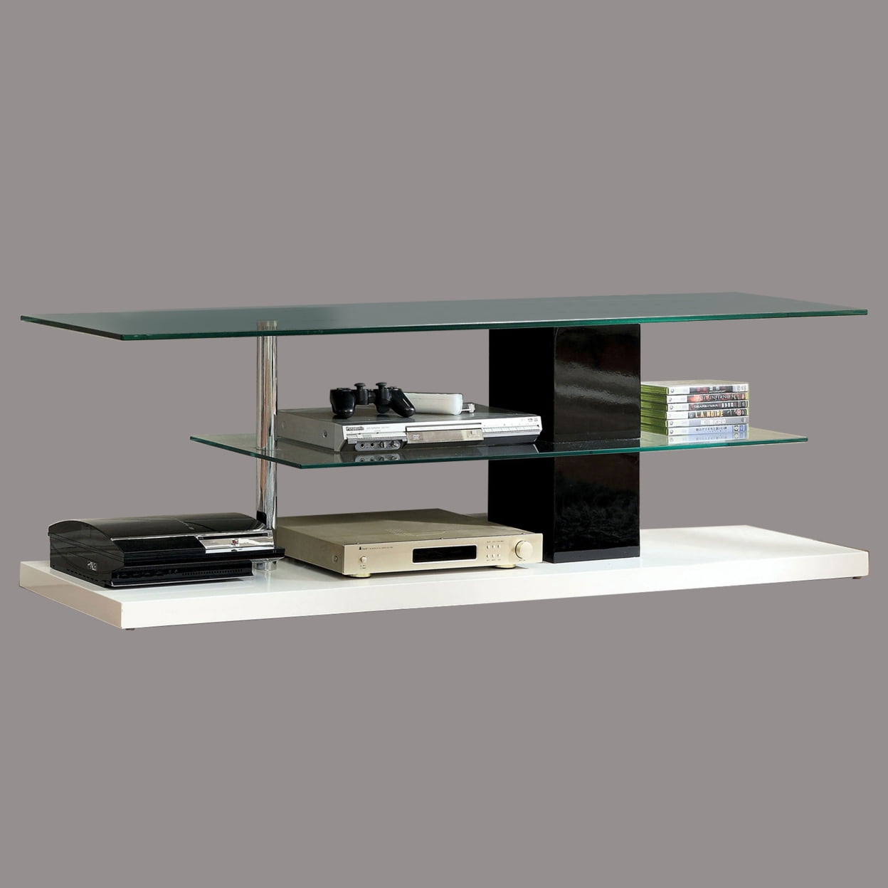 Benjara Contemporary Style TV Console with Glass Top and Pedestal Base ...