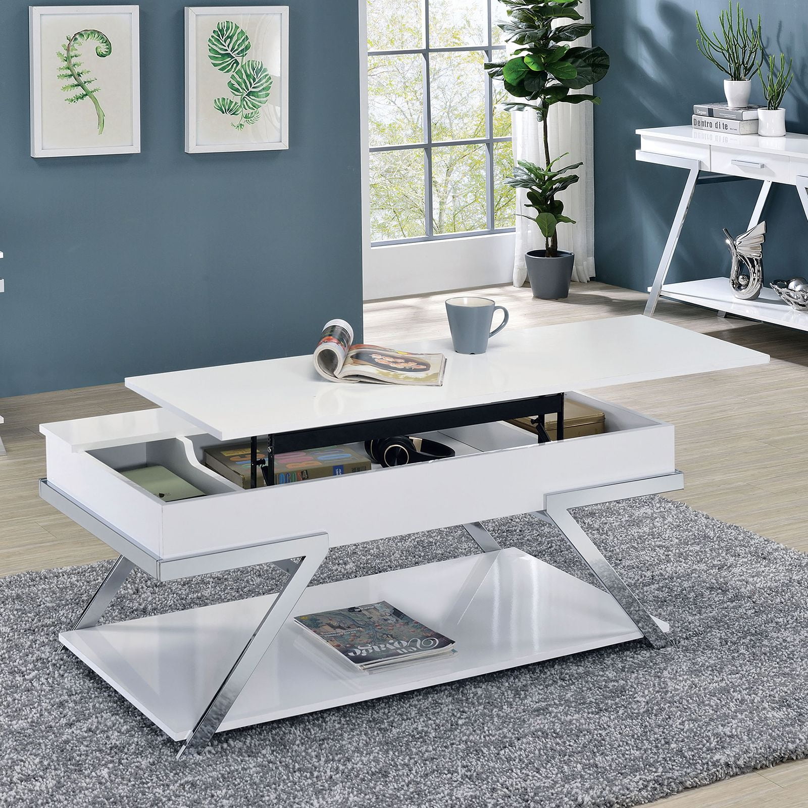 Contemporary Style White 1pc Coffee Table Lift Top Design High Gloss ...