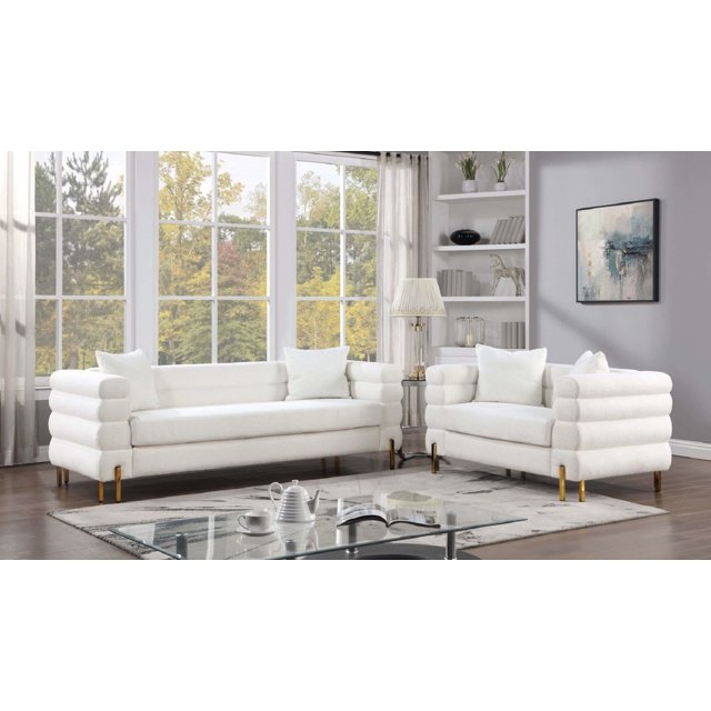 Contemporary Style White Color 2pc Sofa Set Boucle Fabric Sofa And ...