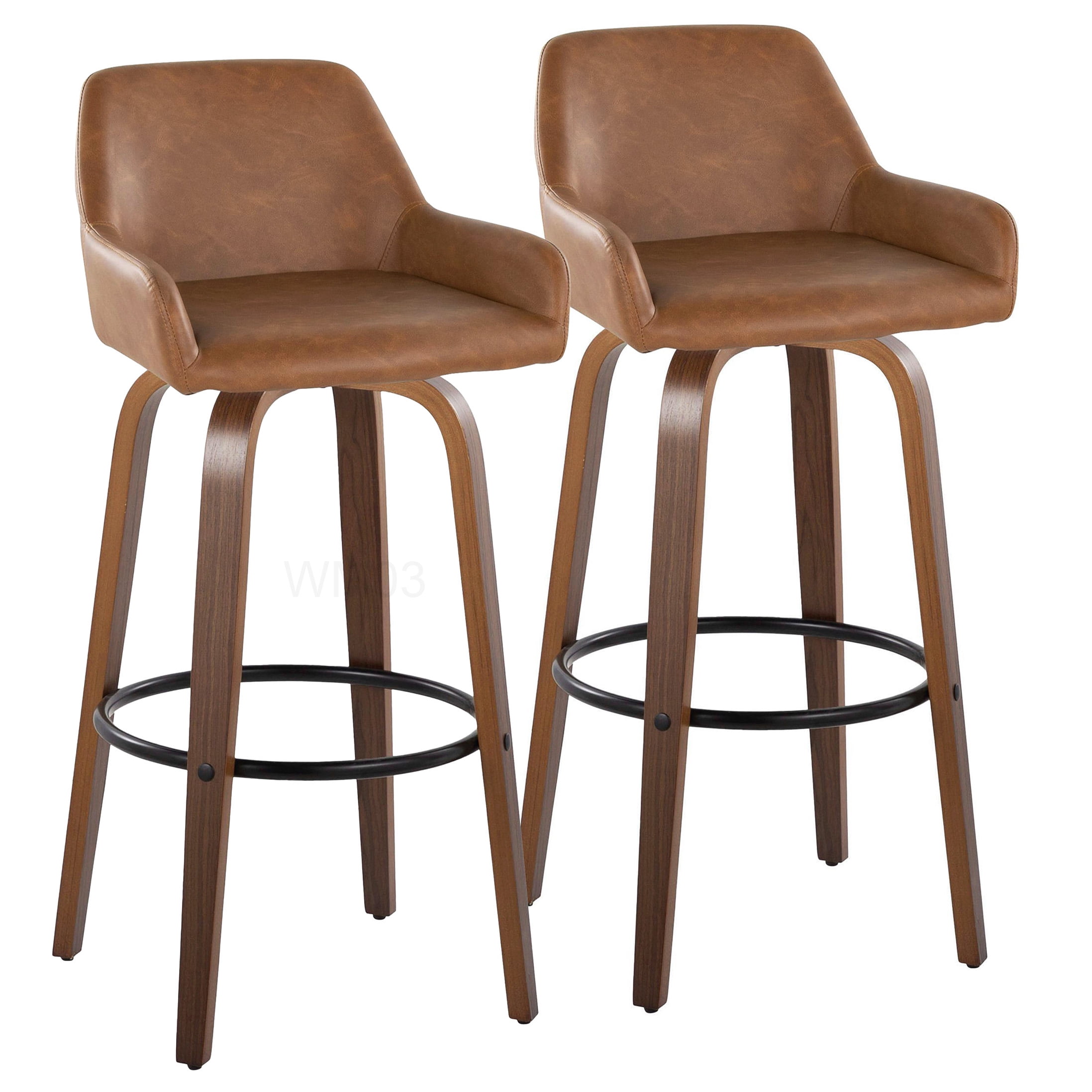 Contemporary Swivel Bar Stools Set of 2, Camel Faux Leather and Walnut ...