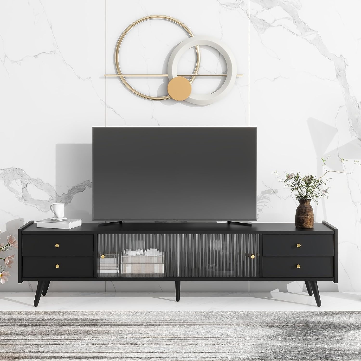 Contemporary TV Stand with Sliding Fluted Glass Doors,Slanted Drawers ...