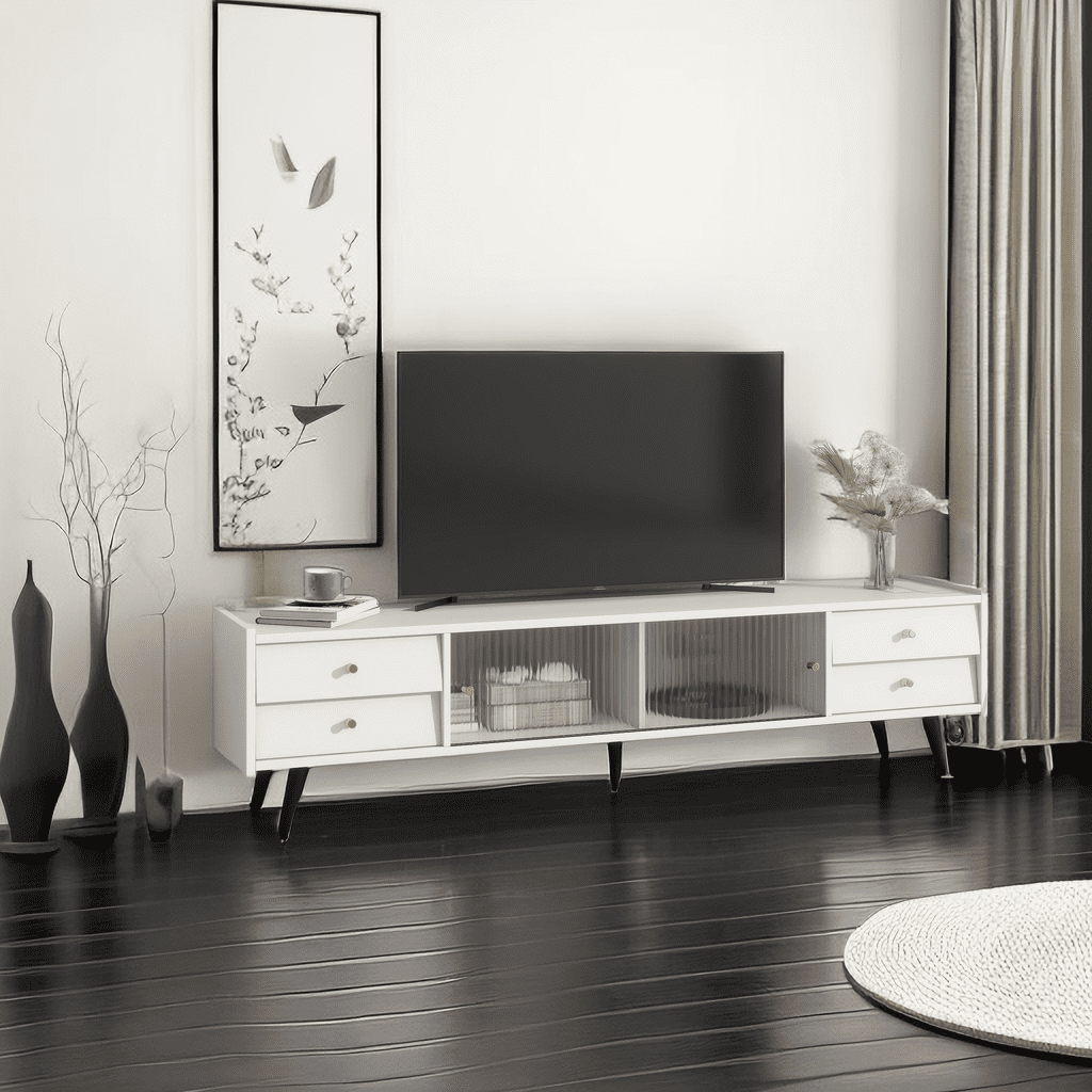 Contemporary TV Stand with Sliding Fluted Glass Doors, Slanted Drawers ...