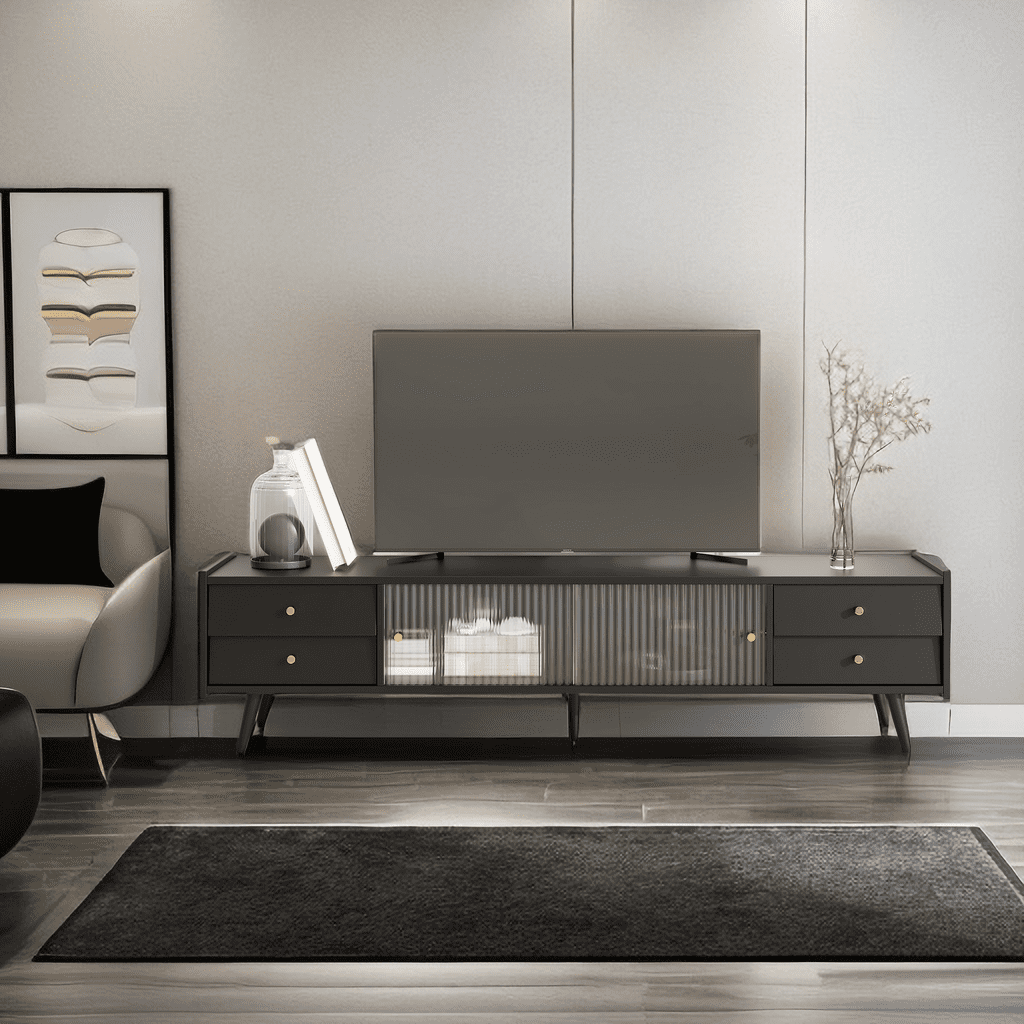Contemporary TV Stand with Sliding Fluted Glass Doors, Slanted Drawers ...