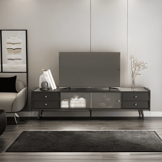 Contemporary TV Stand with Sliding Fluted Glass Doors, Slanted Drawers ...