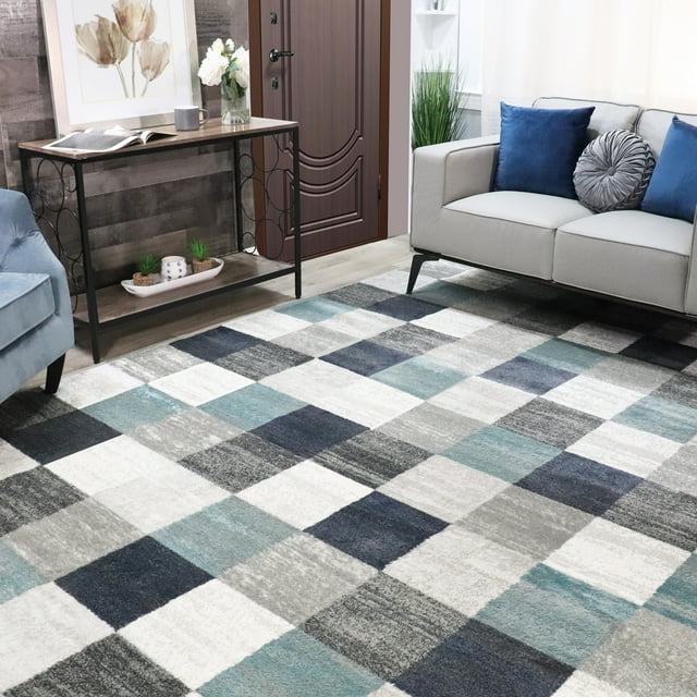 Contemporary Tile Plush Polypropylene Indoor Runner Rug, 5' x 8 ...
