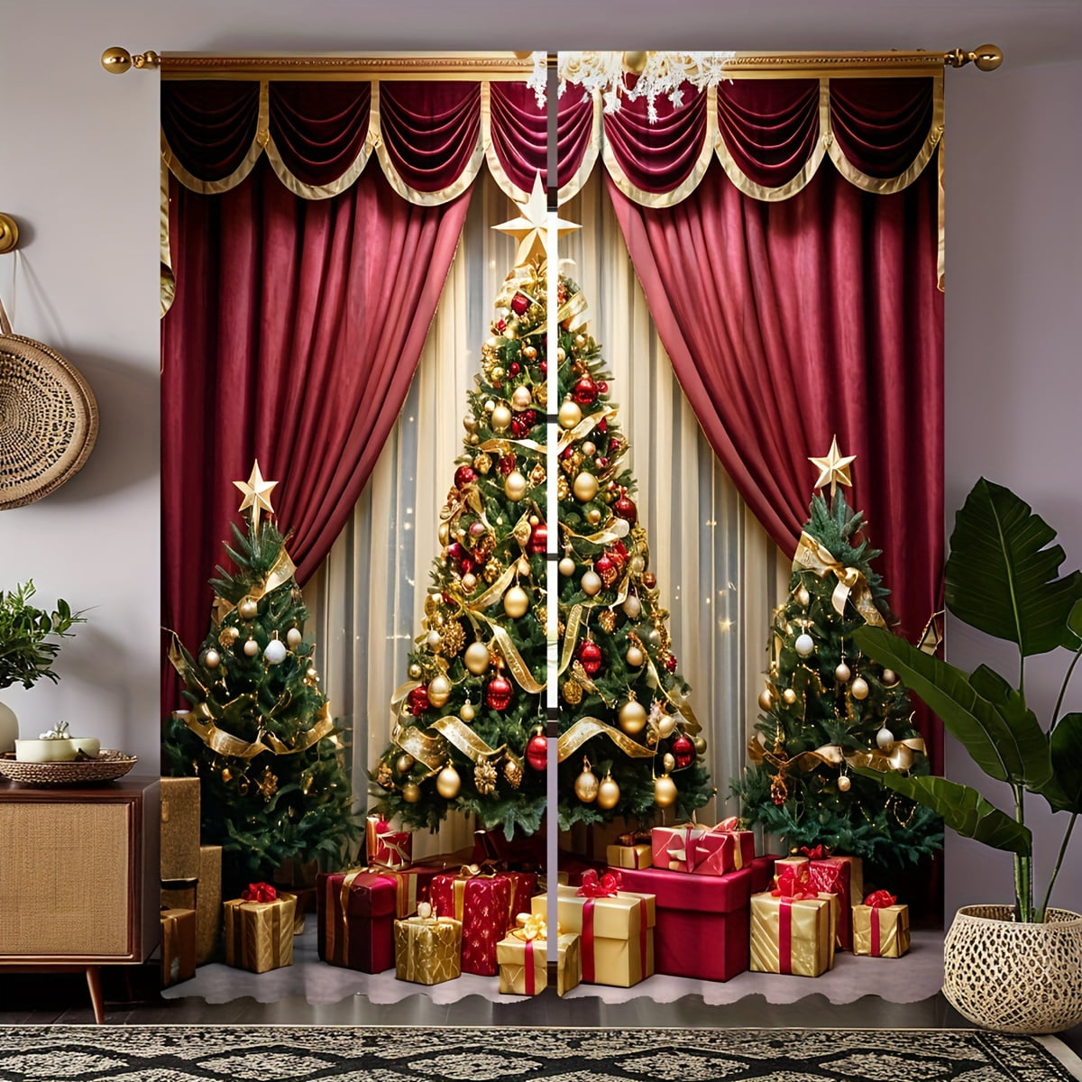 Contemporary Tree and Colorful Ornaments Print Semi-Sheer Curtain ...