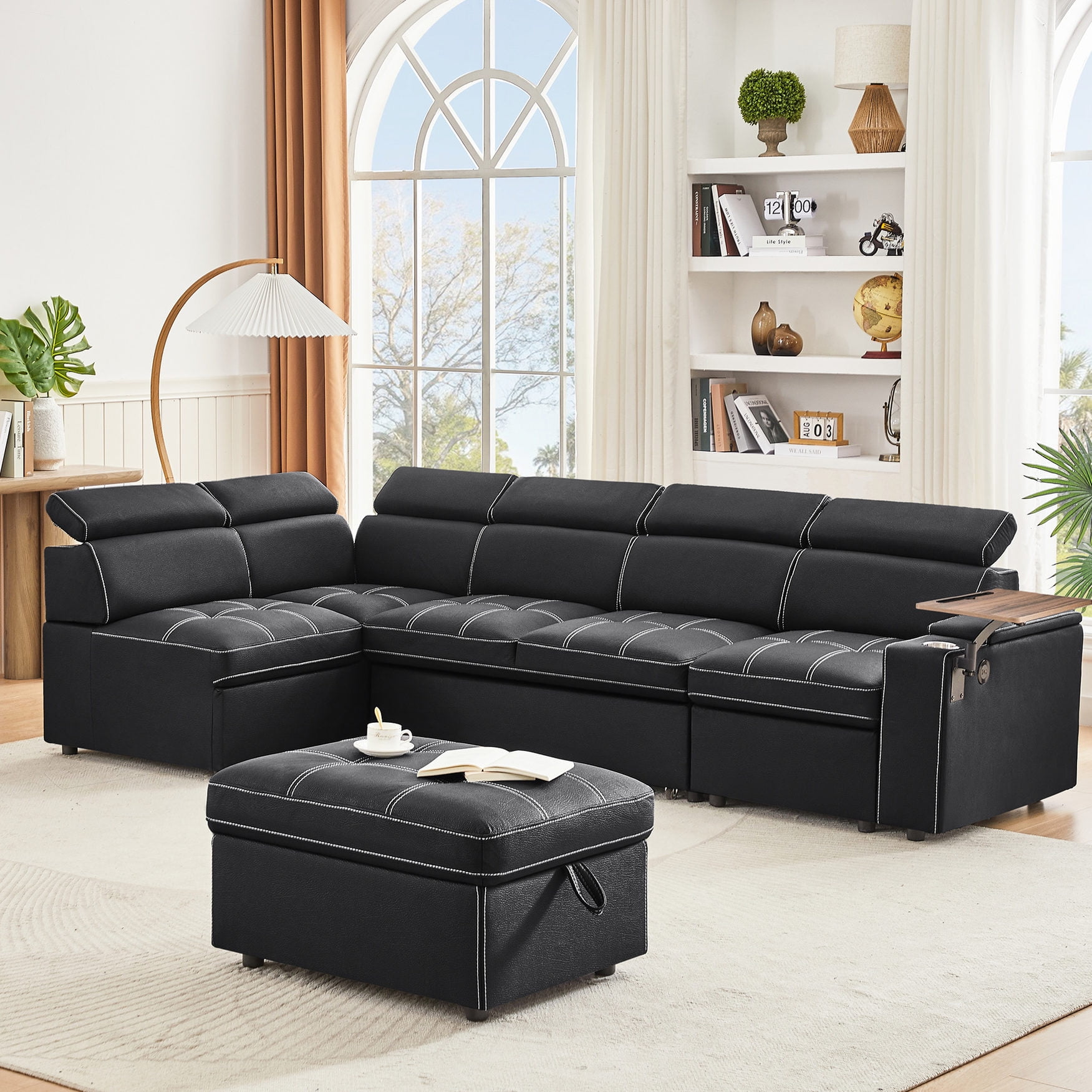 Contemporary Tufted Black Fabric Sofa Bed with Storage - Convertible ...
