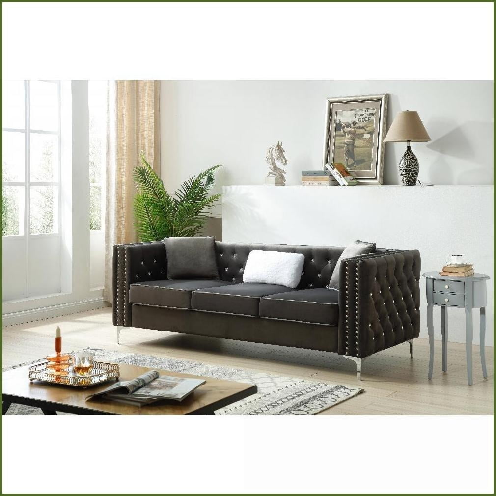 Contemporary Tufted Gray Velvet Sofa – Faux Diamond Buttons for Living ...