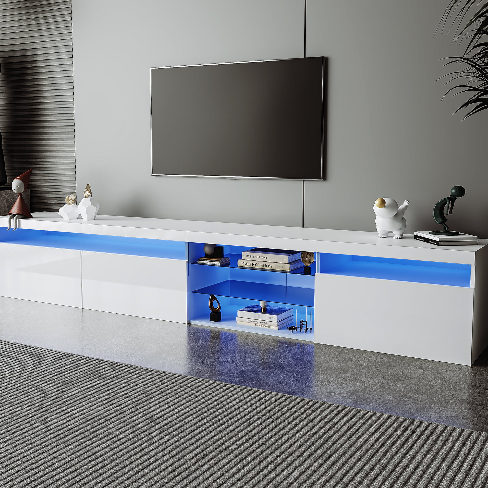 Contemporary Tv Console With 2 Glass Shelves, White, Led Accent Modern ...