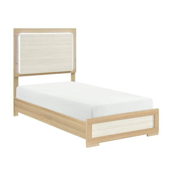 Contemporary Twin Bed Frame w/ LED Headboard - Natural & White Wood ...