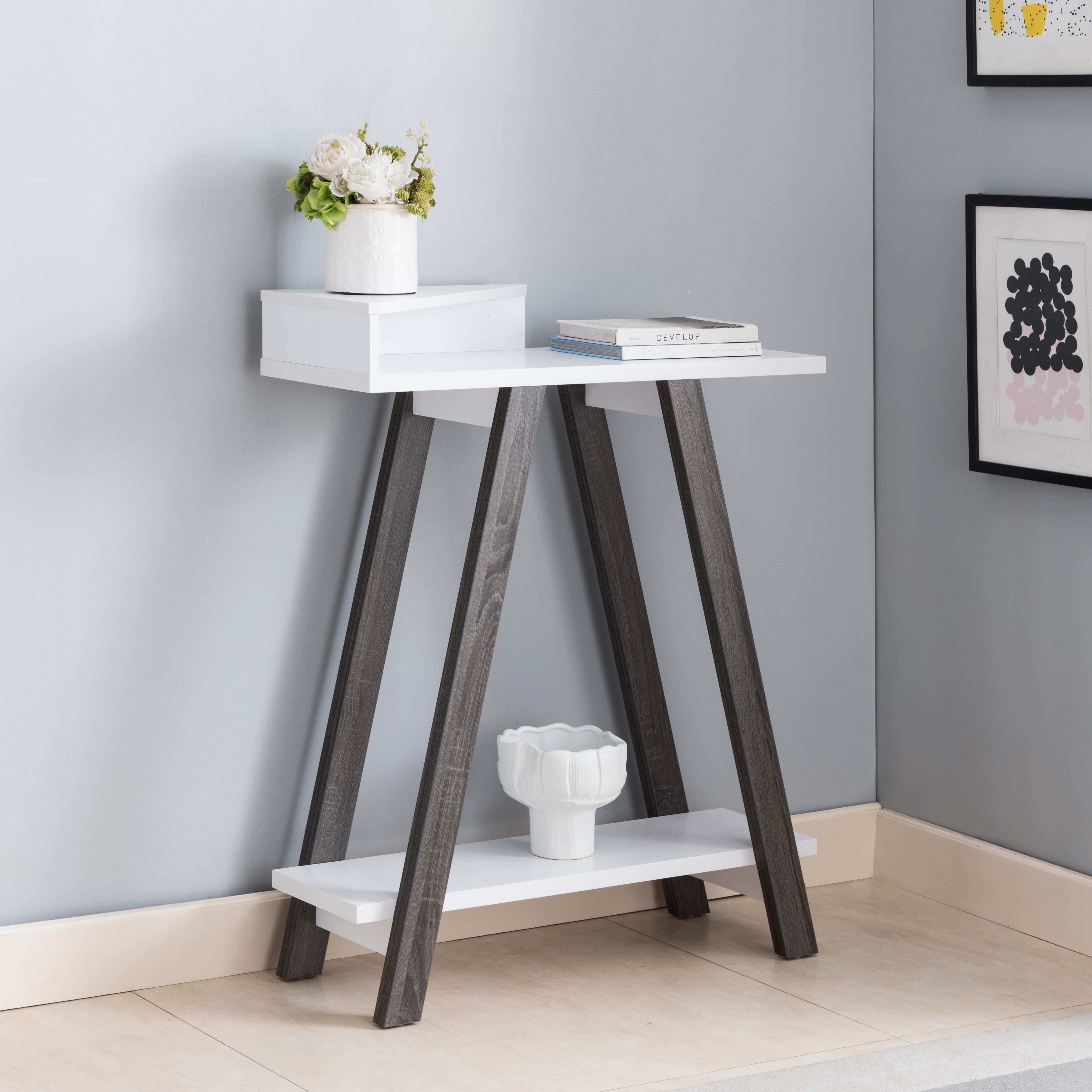 Contemporary Two Toned Console Table with Two Shelves- White & Grey ...