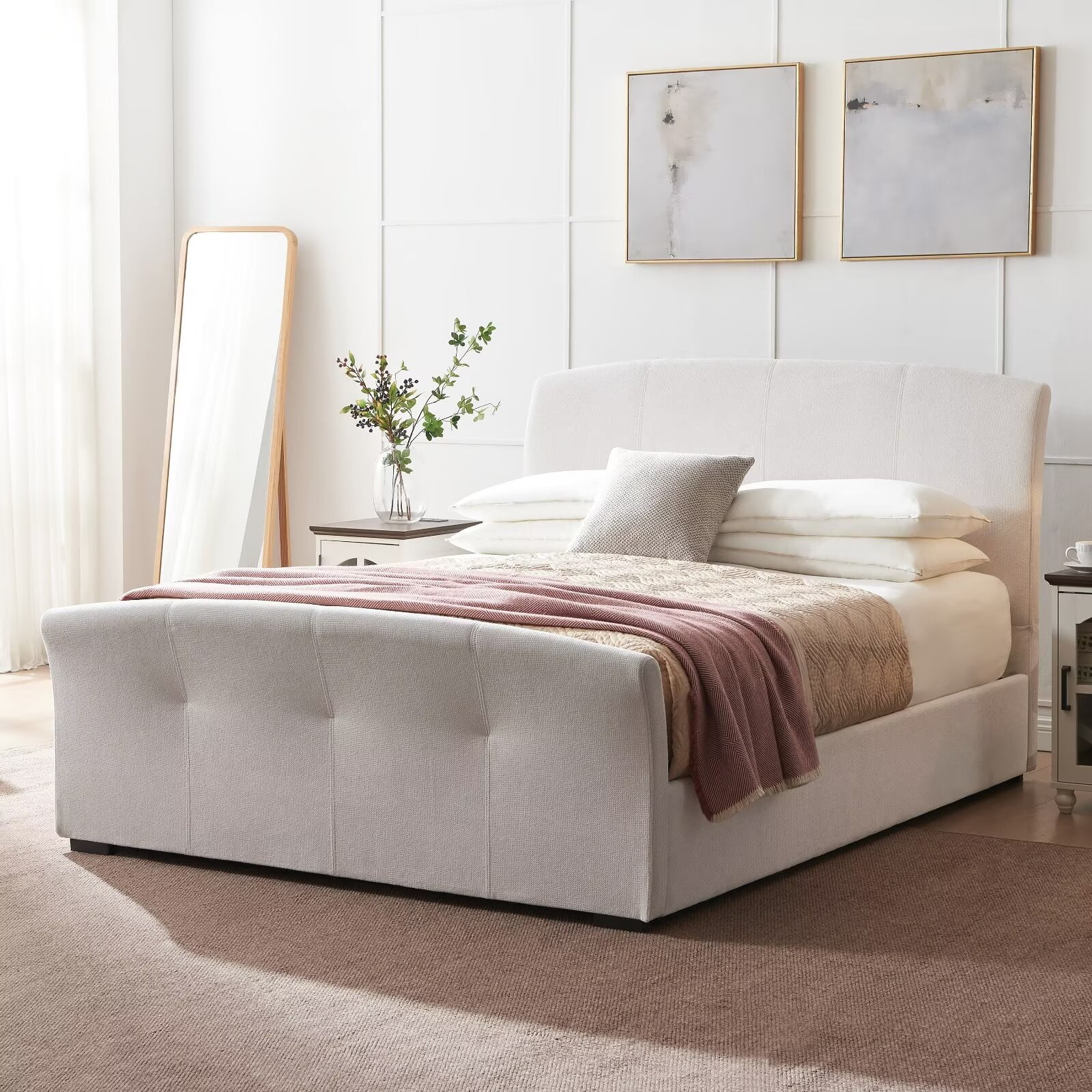 Contemporary Upholstered Sleigh Bed with Side-Opening Ottoman Storage ...