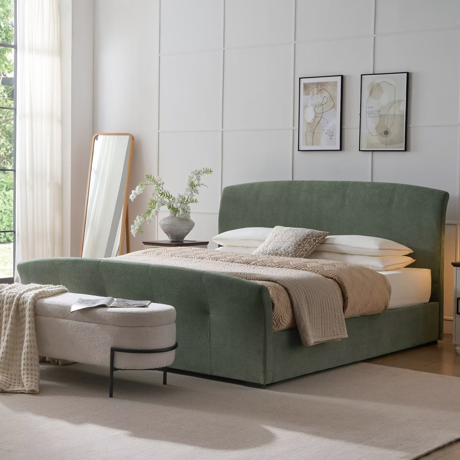 Contemporary Upholstered Sleigh Bed with Side-Opening Ottoman Storage ...