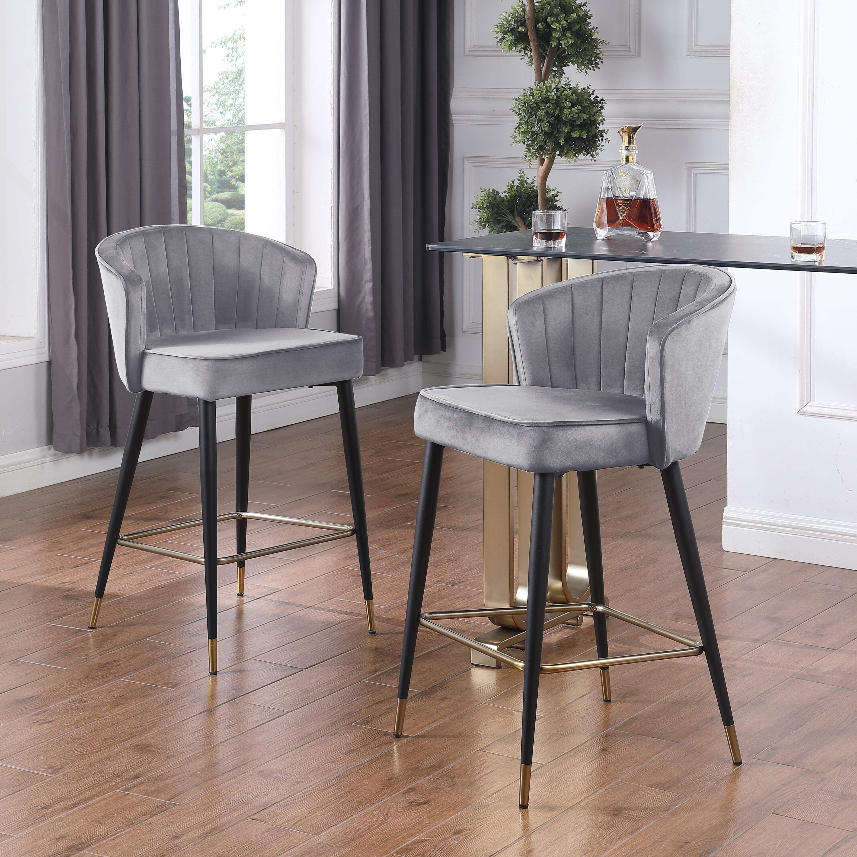 Streamdale Gray Velvet Counter Height Stool with Gold Tipped Legs ...