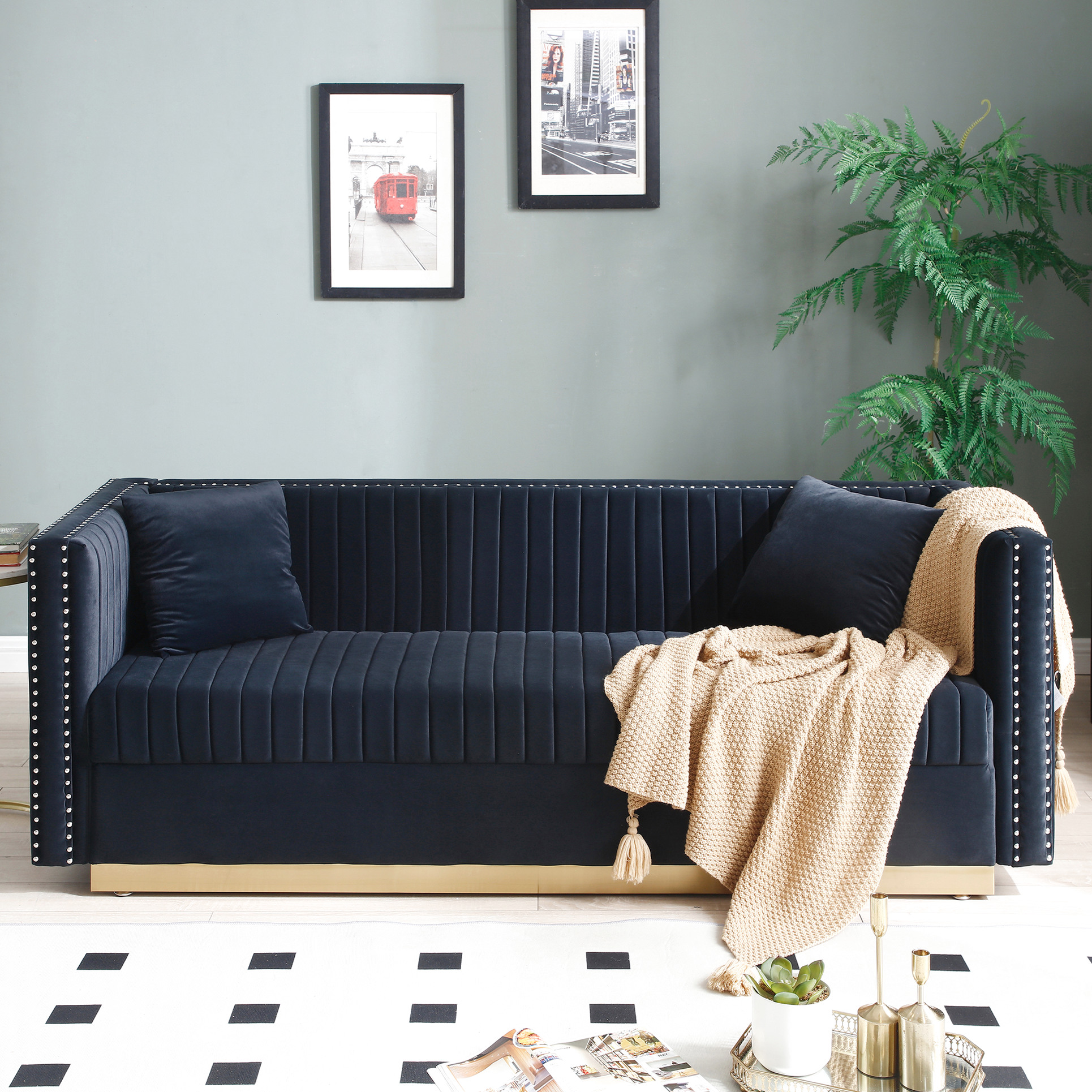 Contemporary Velvet Upholstered , Vertical Channel In Black For ...