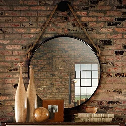 Contemporary Wall Mirror with Hemp Rope Hanging Strap | Black Metal ...