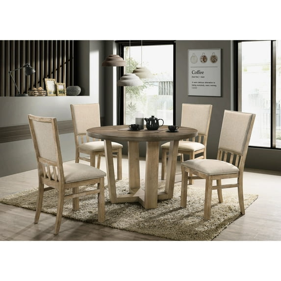 Contemporary Walnut Dining Set / Round Table, Cushioned Seats, Natural ...