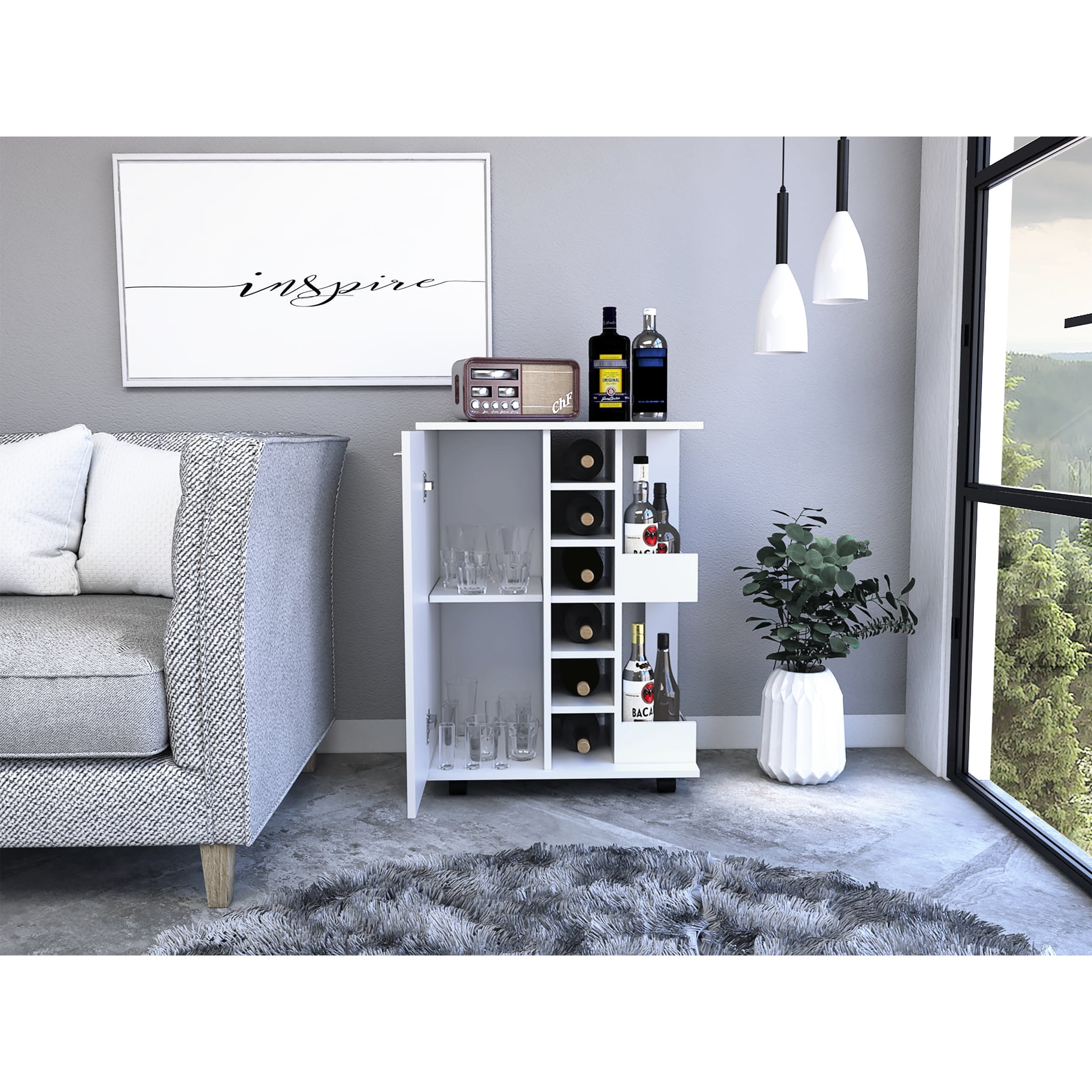 Contemporary White Bar Cart With Four , Six Bottle And A Secluded ...