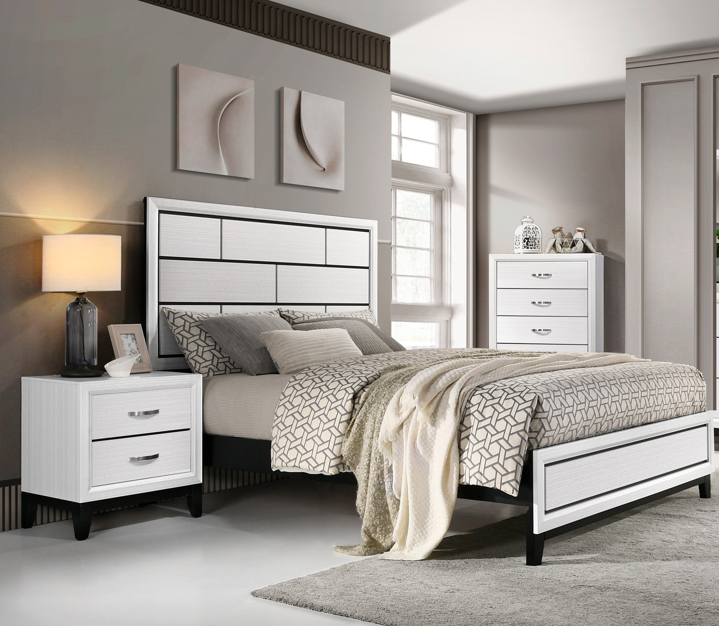 Contemporary White Bedroom Set 3pc Full Bed Nighstand Chest Wooden ...