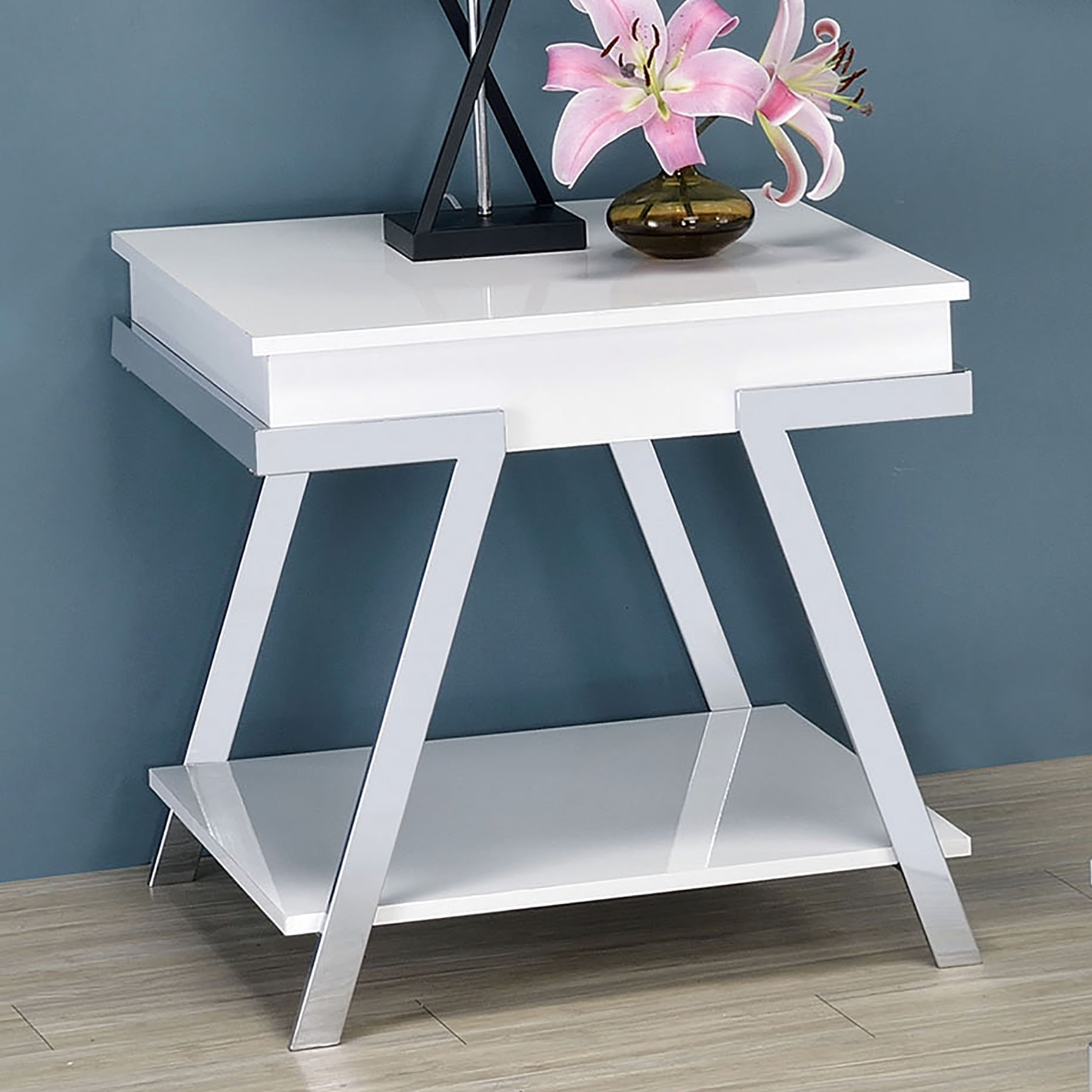 Contemporary White End Table With Steel Construction And High Gloss Top ...