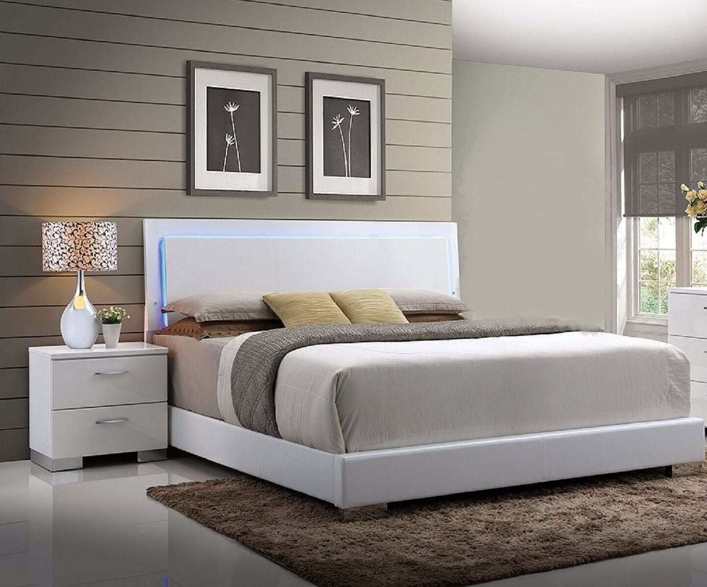 Contemporary White Finish Furniture 3pc Bedroom Set Queen Bed LED ...