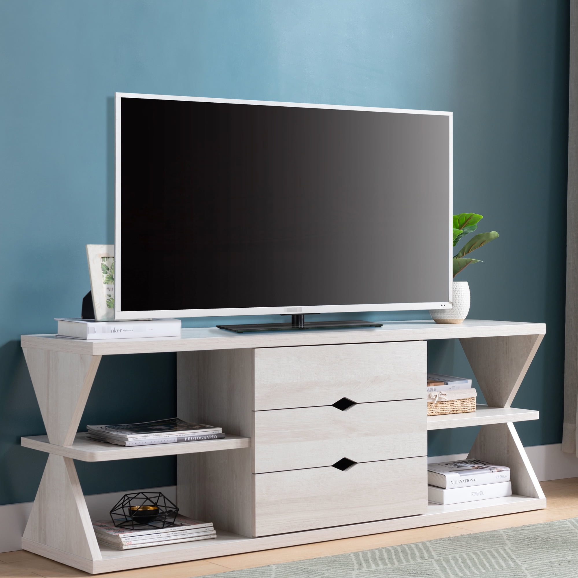 Contemporary White Oak Tv Console With Four Open Shelves And Three ...