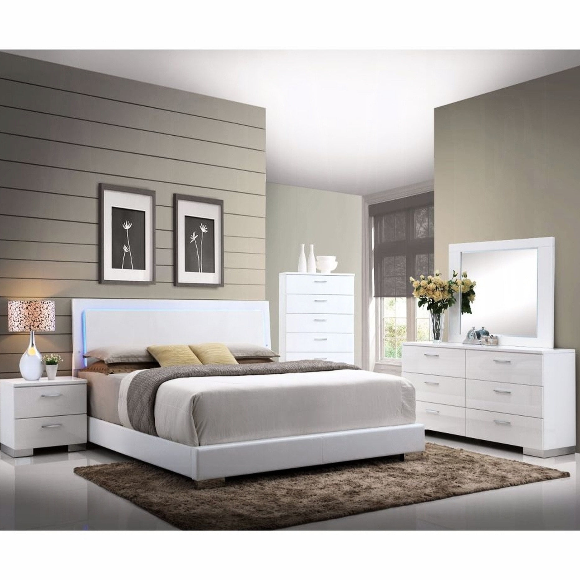 Contemporary White Queen Bed With Illuminated Led Headboard And Strong ...