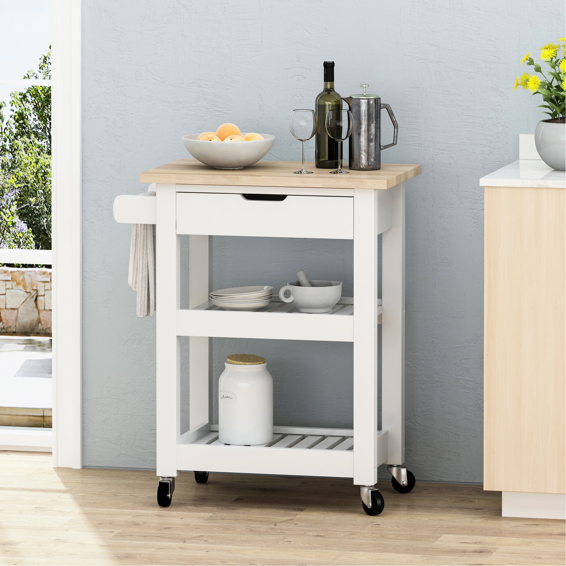 Contemporary White Wood Kitchen Cart With Practical Drawer, Shelves ...