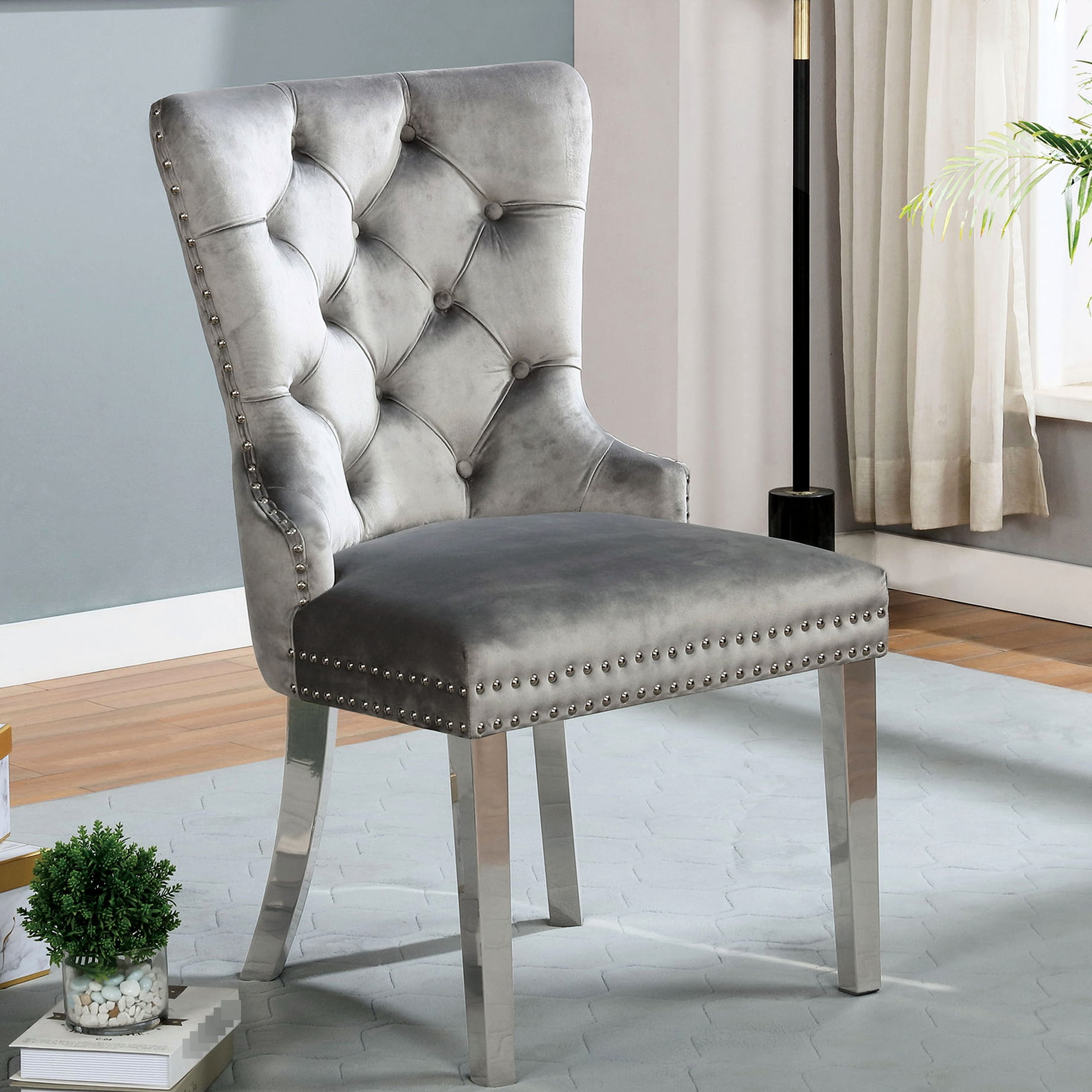 Contemporary Wingback Chairs In Gray Flannelette, Button Seat, Solid ...