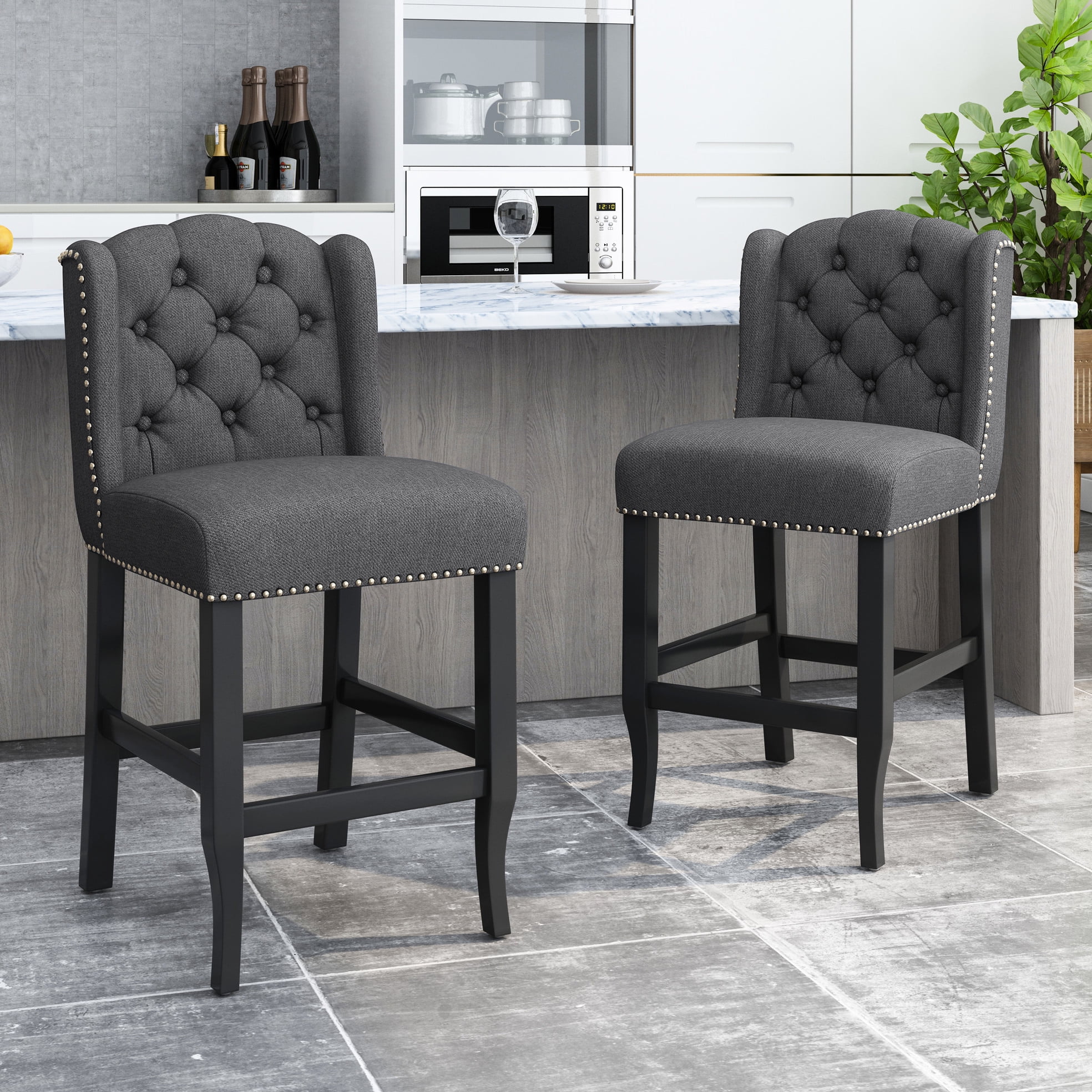 Contemporary Wingback Counter Stools, 27". Of 2 In Charcoal And Dark ...
