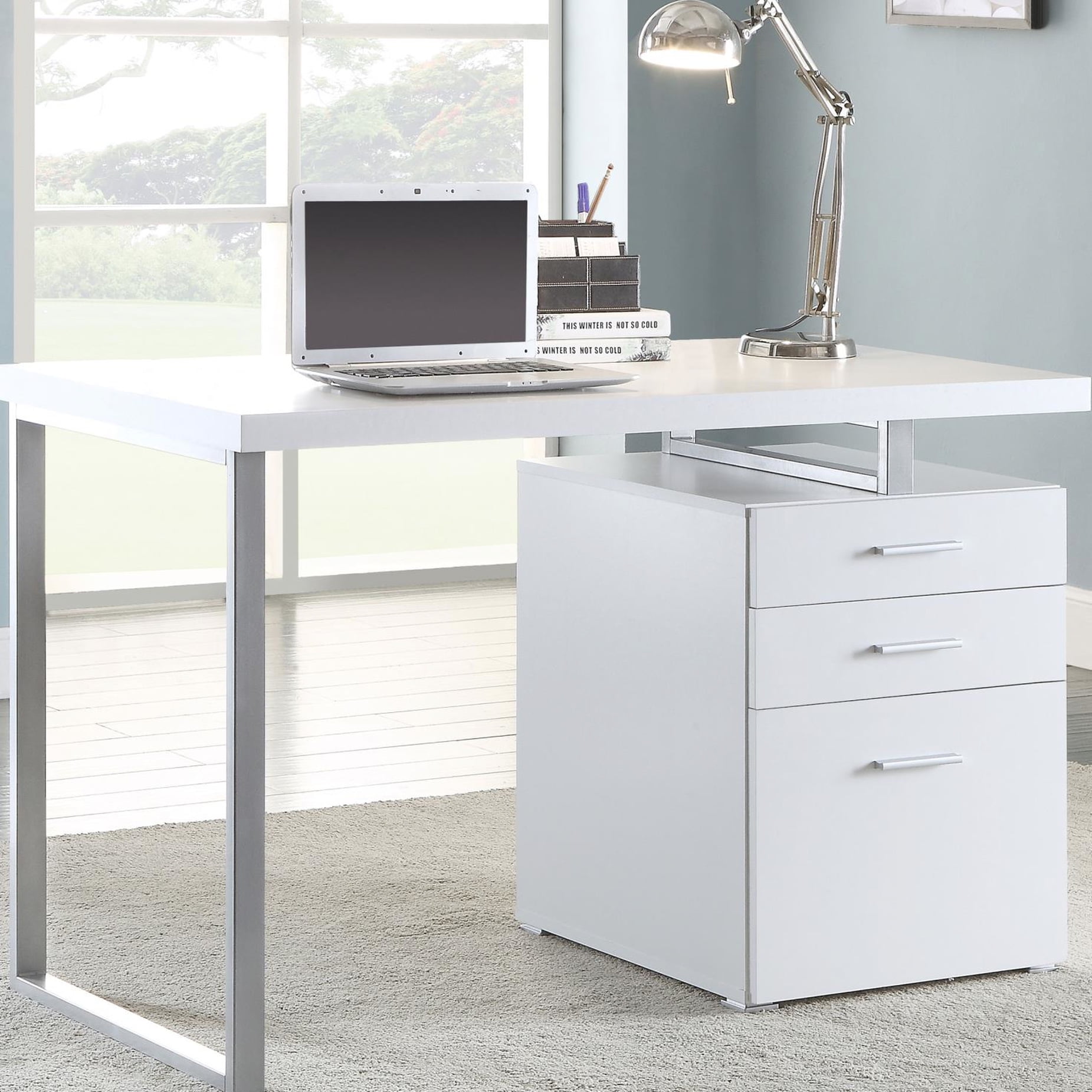 Contemporary Writing Desk In White With 3 Functional Drawers For ...