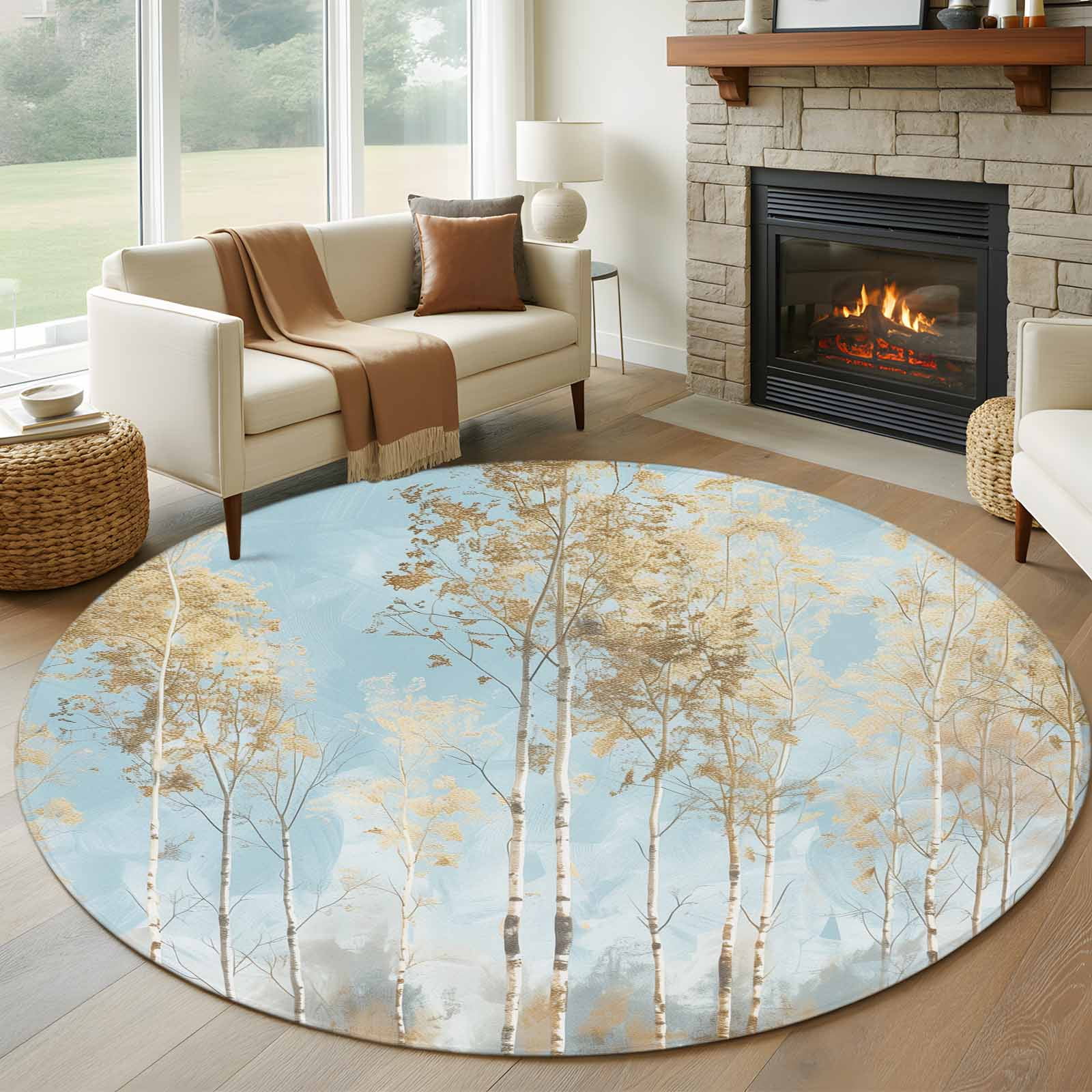 Contemporary Yellow Blue Tree Round Area Rug 6 FT, Non Slip Bedroom ...