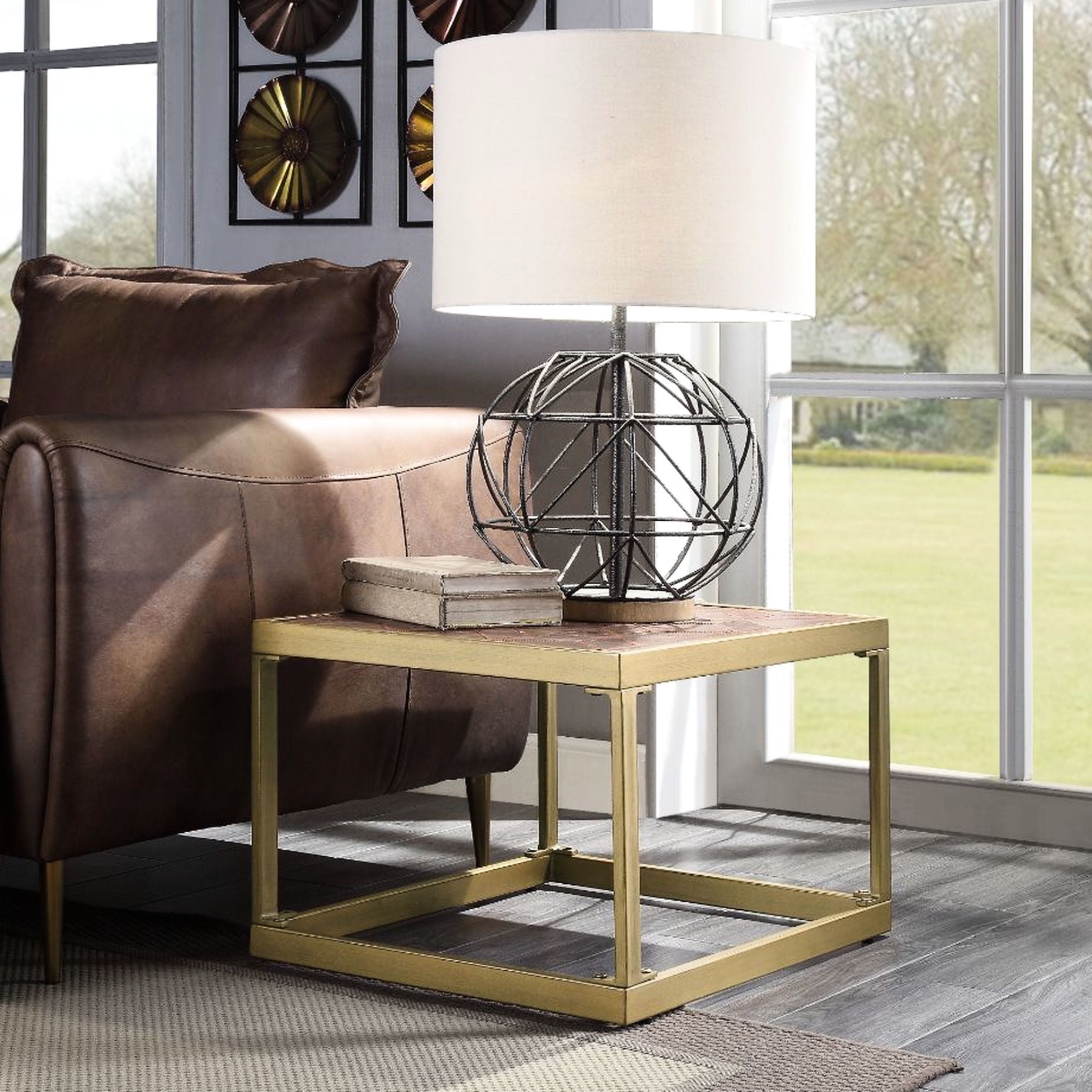 Contemporary end table of retro brown color with open base design and ...