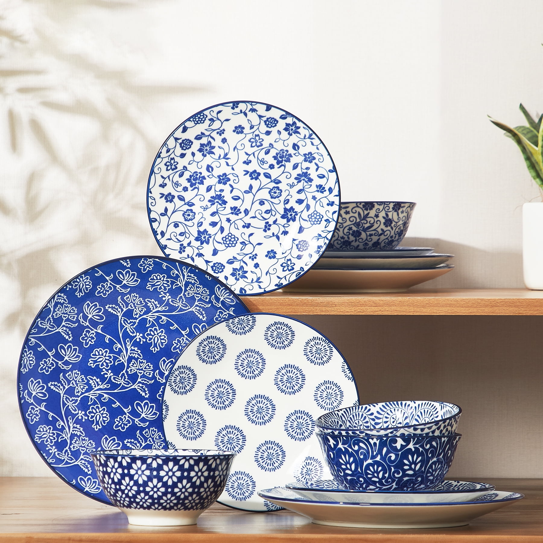 Contenpo 12pcs Vintage Blue Ceramic Dinnerware Set Scratch-Resistant ...
