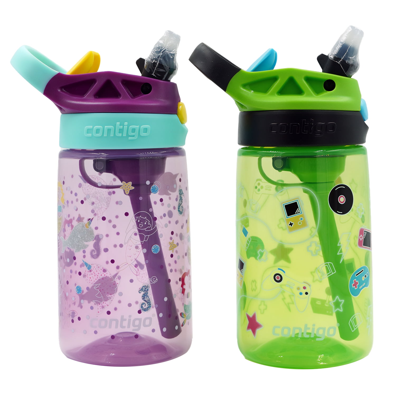 Contigo Kid's 14 oz. Aubrey Water Bottle 2-Pack - Mermaids/Video Games ...