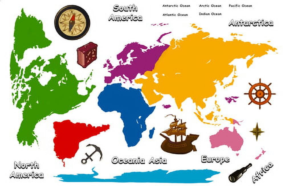 Continent and Ocean Map Education Style Easy Peel and Stick DIY Wall ...