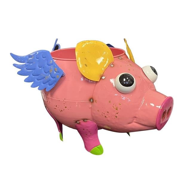 Continental Art Center Colorful Enameled Metal Flying Pink Pig Planter ...