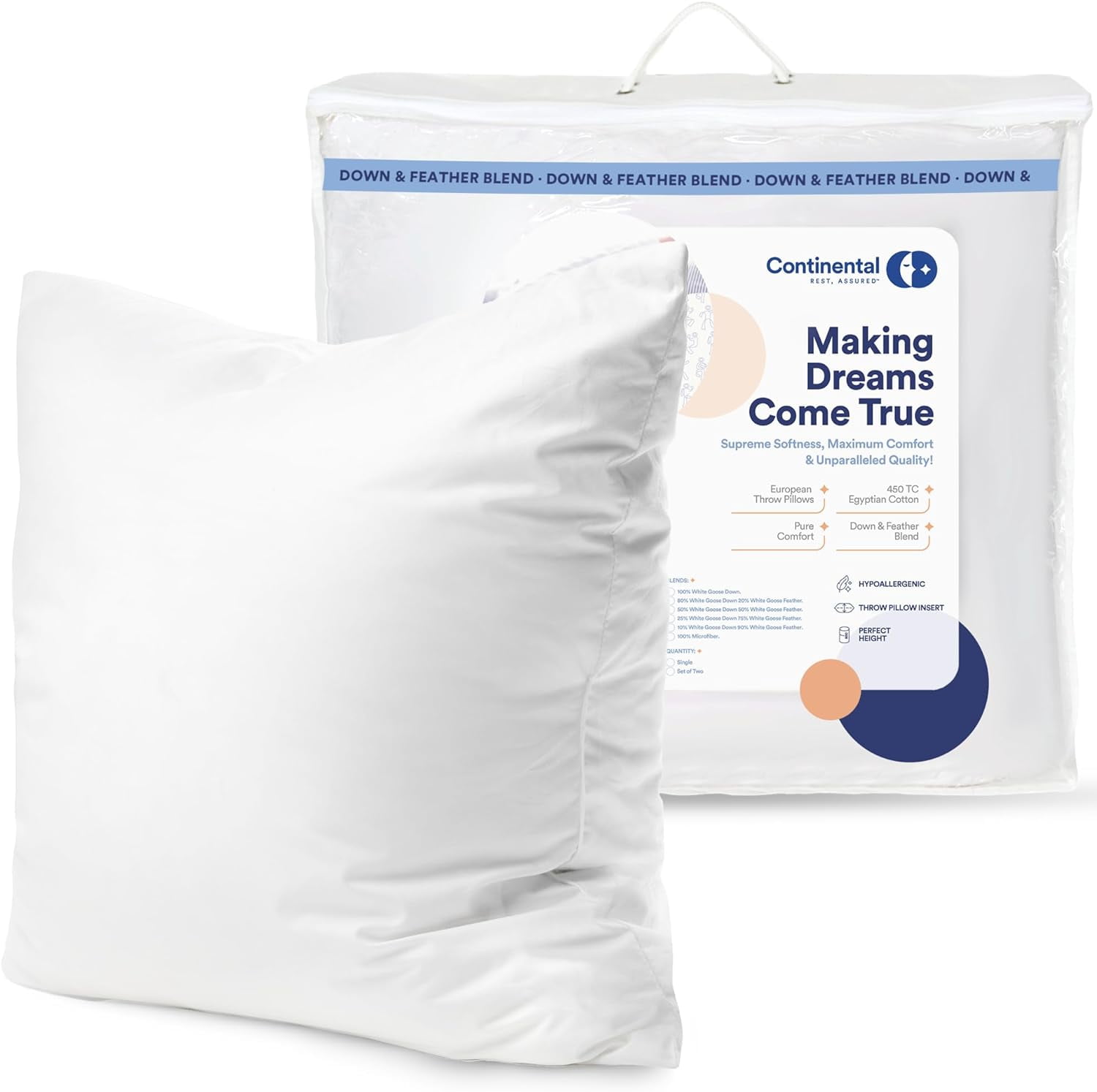 Continental Bedding Premium 100% Down No Feather Pillow Insert, 20x20 ...