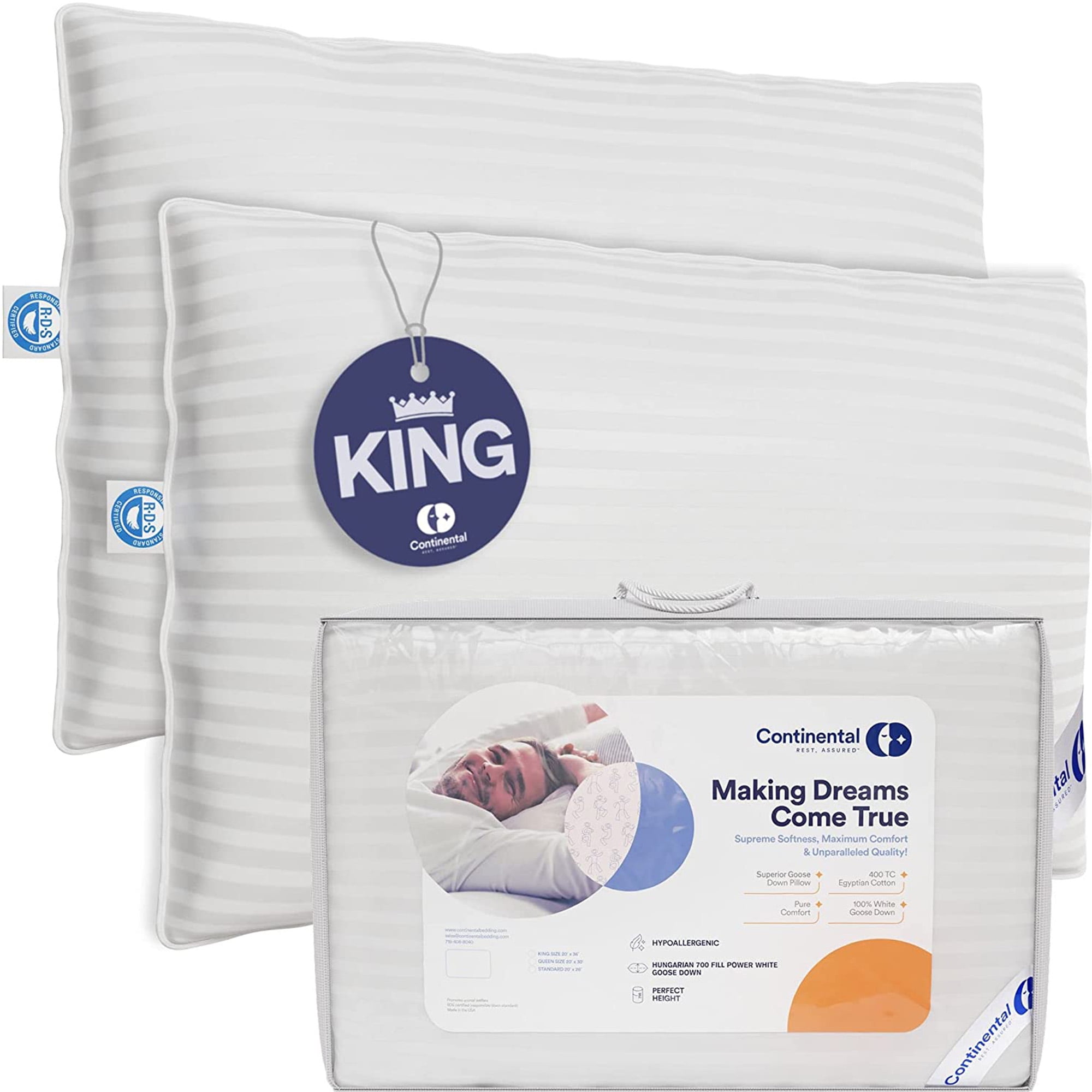 Continental Bedding King Size Firm Hungarian Goose Down Pillows, Soft ...