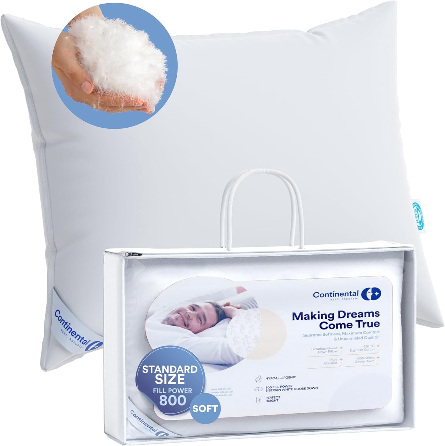 Continental Bedding Siberian 800FP 100% Goose Down Pillow Soft Pack of ...