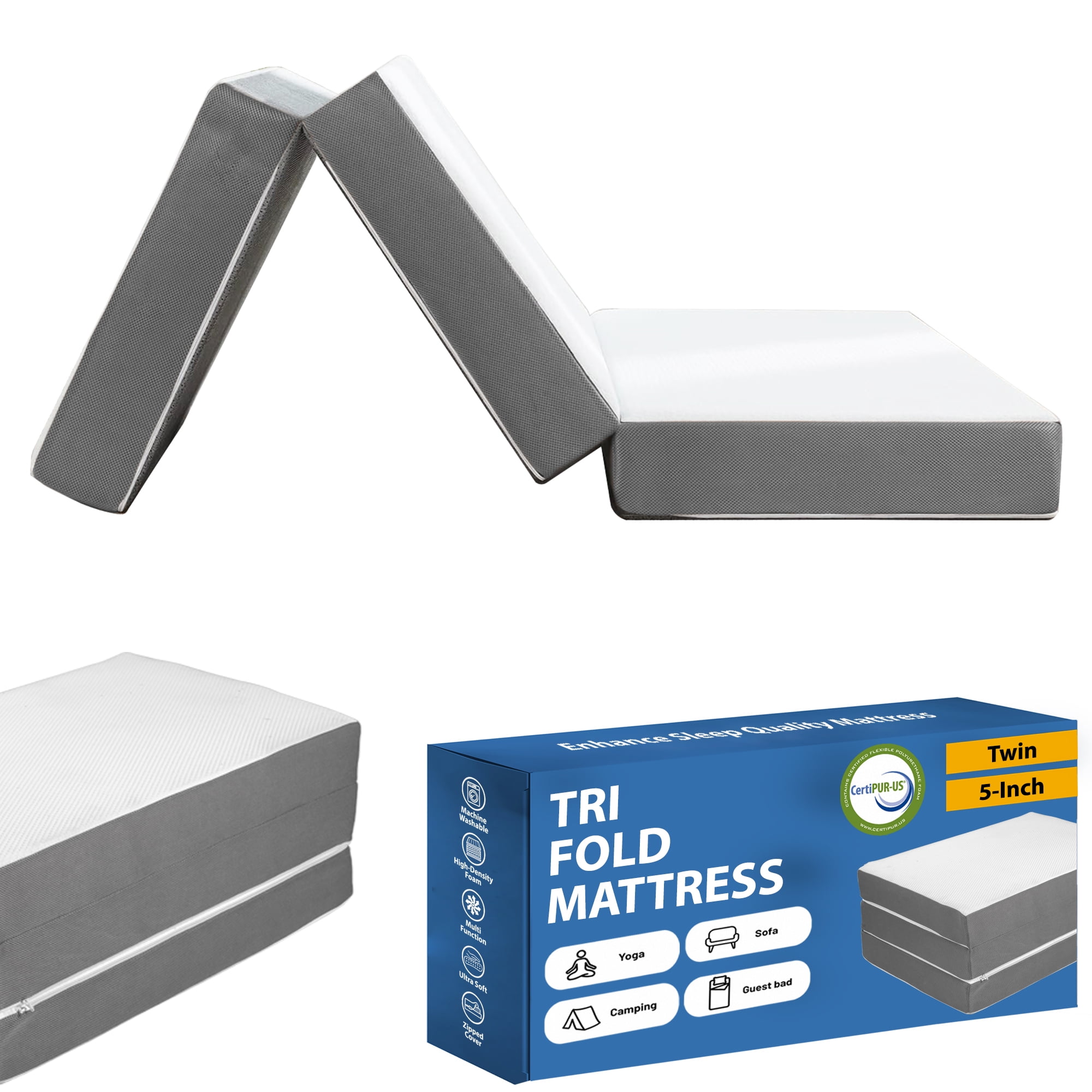 Continental Sleep, 5-Inch Tri-Folding Gel Memory Foam Portable Floor ...