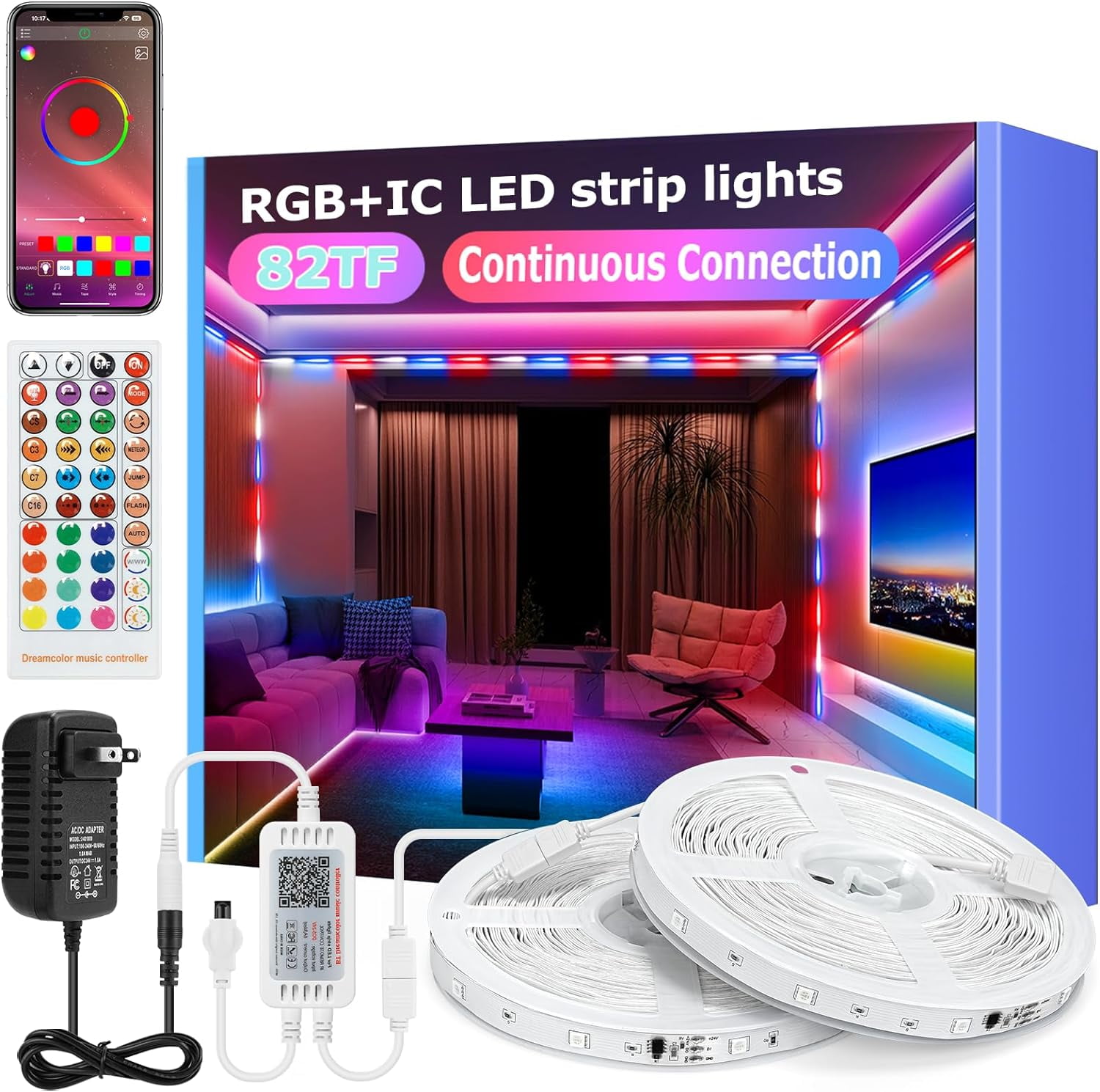 Continuous Connection RGB 500LED Strip Lights, 82FT Smart LED Lights ...