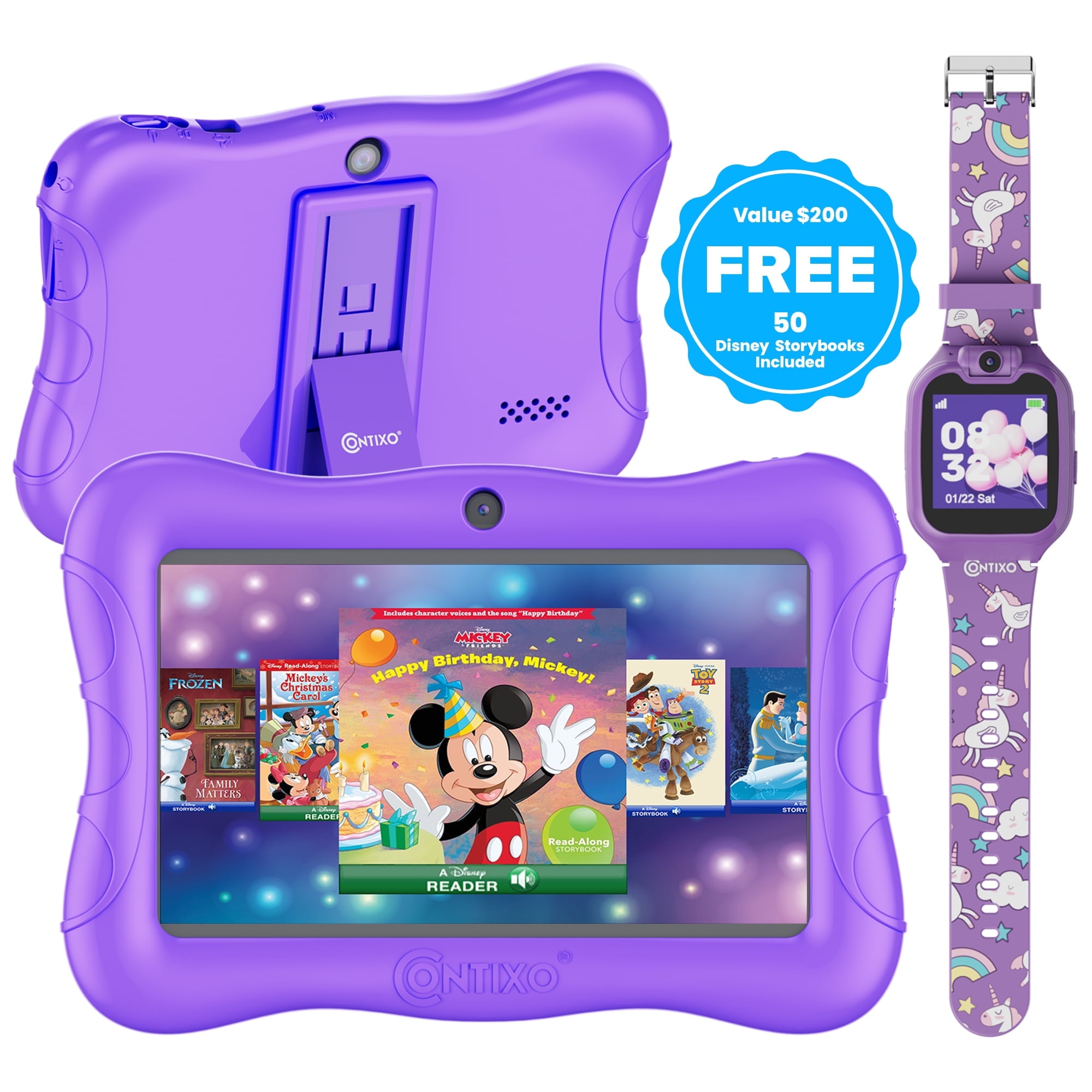Contixo 7" Kids Tablet & Smart Watch Bundle, 50+ Disney eBooks ...