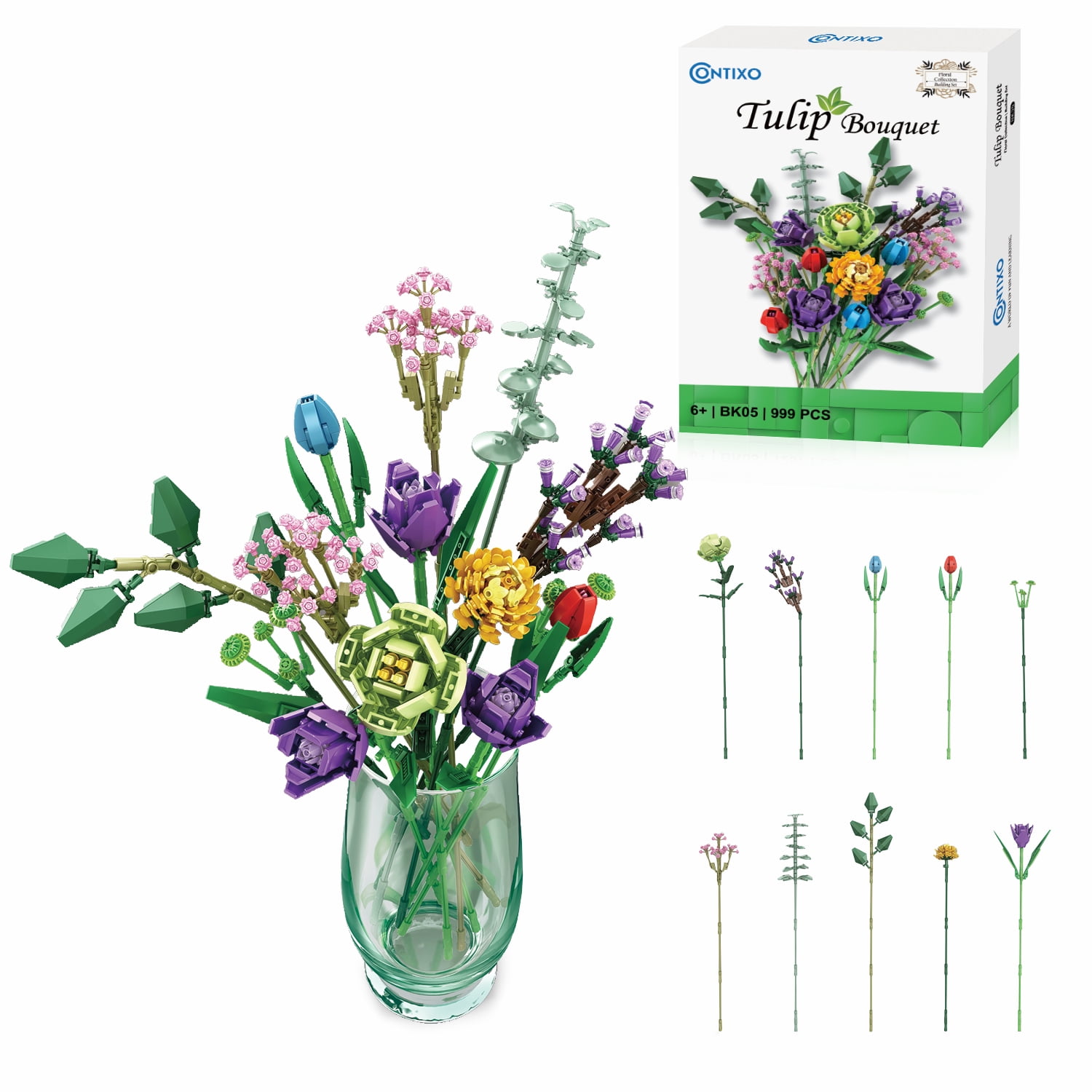 Contixo BK05 Tulip Bouquet 999 Piece Floral Collection Building Blocks ...