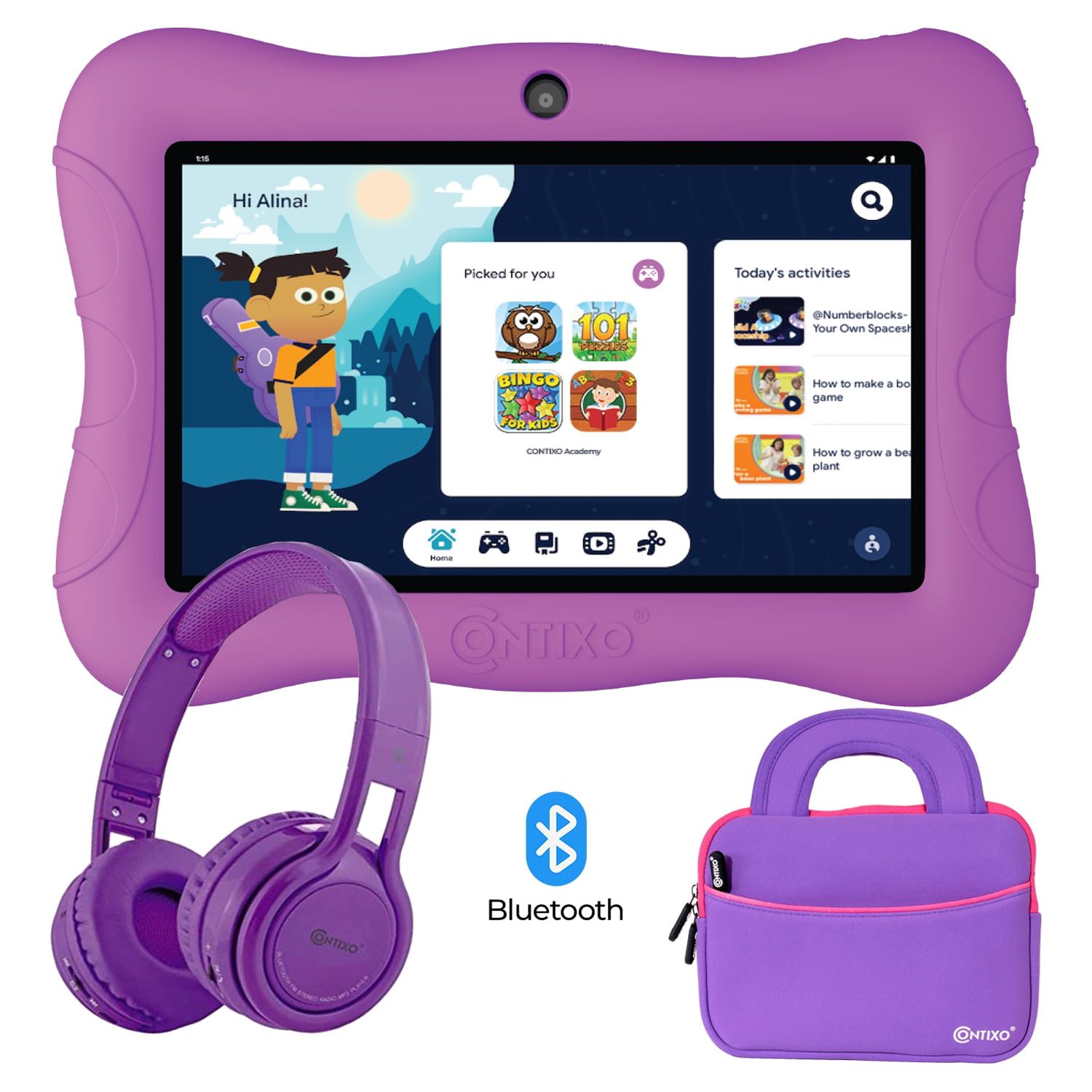 Contixo V9 7" Kids Tablet, Wireless Headphone and Tablet Bag Bundle ...