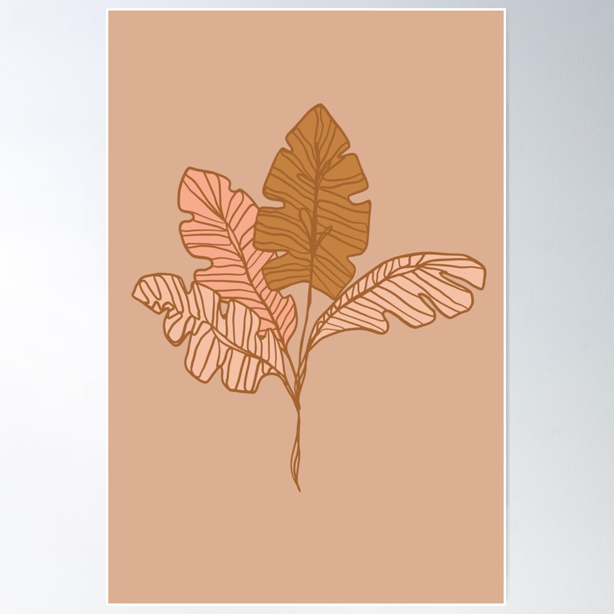 Contour Line Leaves On Taupe Poster Wall Art, Modern Wall Decor For ...