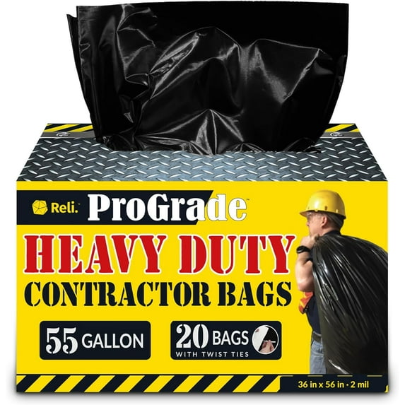Contractor Garbage Bags 55 Gallon | 20 Trash Bags | Heavy Duty | Black ...
