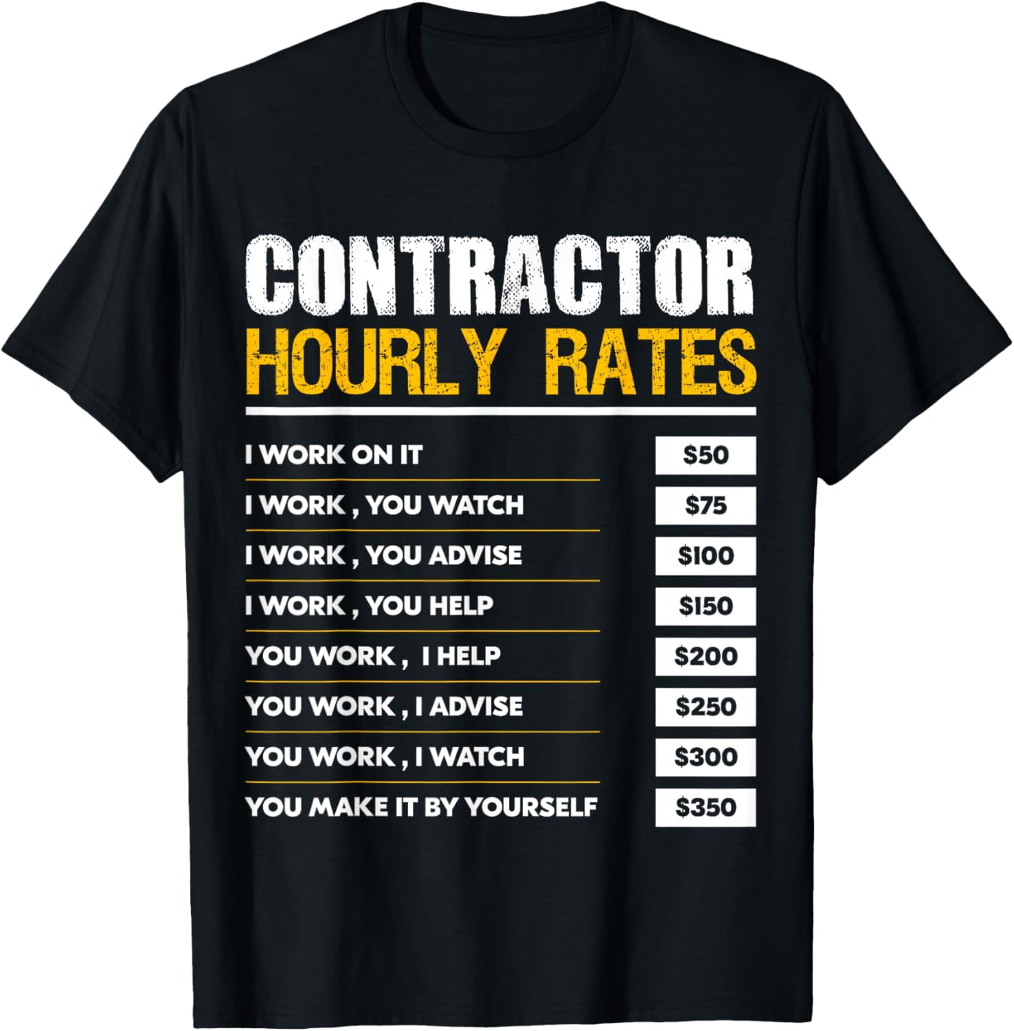Contractor Hourly Rate Labor Price Chart Funny Handyman T-Shirt ...