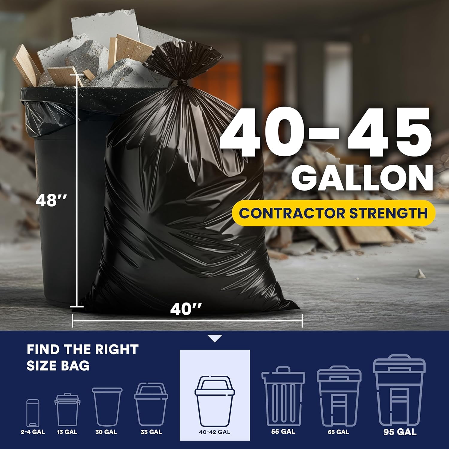 Contractor Trash Bags 40-45 Gallon│ 3.0 Mil│ Black Heavy Duty Garbage ...