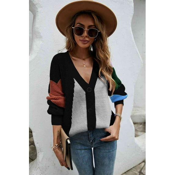 Contrast Button Front V-Neck Cardigan - BazaarBey - Walmart.com